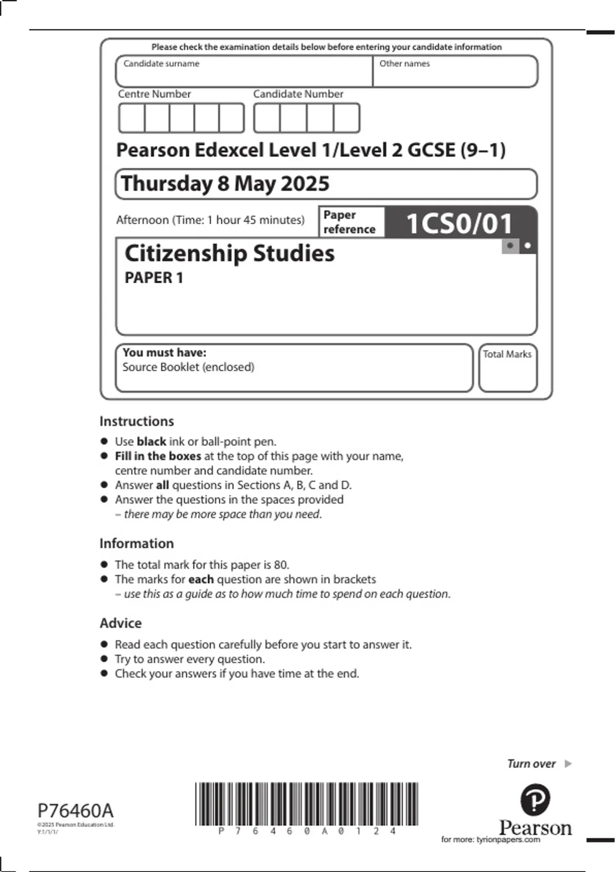 EDEXCEL GCSE CITIZENSHIP STUDIES MAY JUNE 2025 PAPER 1 QUESTION PAPER ...