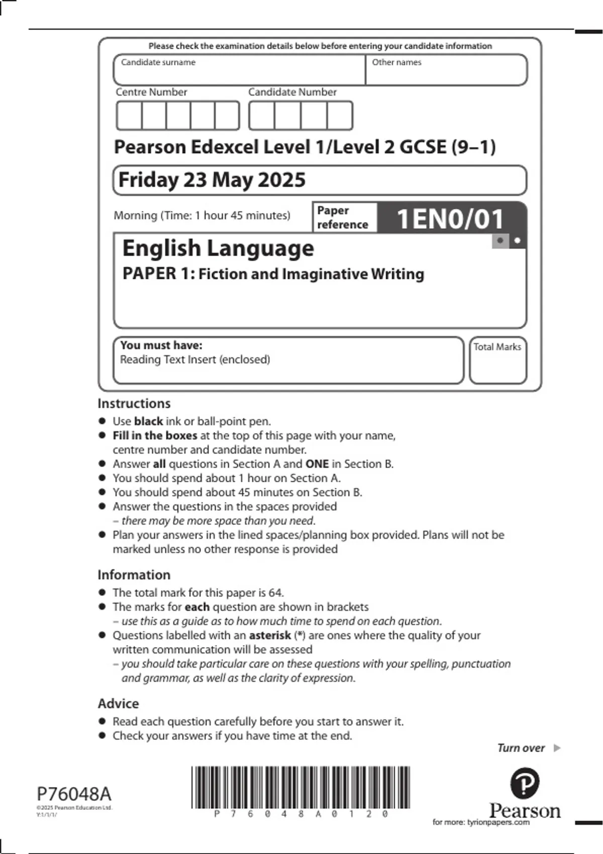 EDEXCEL GCSE ENGLISH LANGUAGE MAY JUNE 2025 PAPER 1 QUESTION PAPER ...