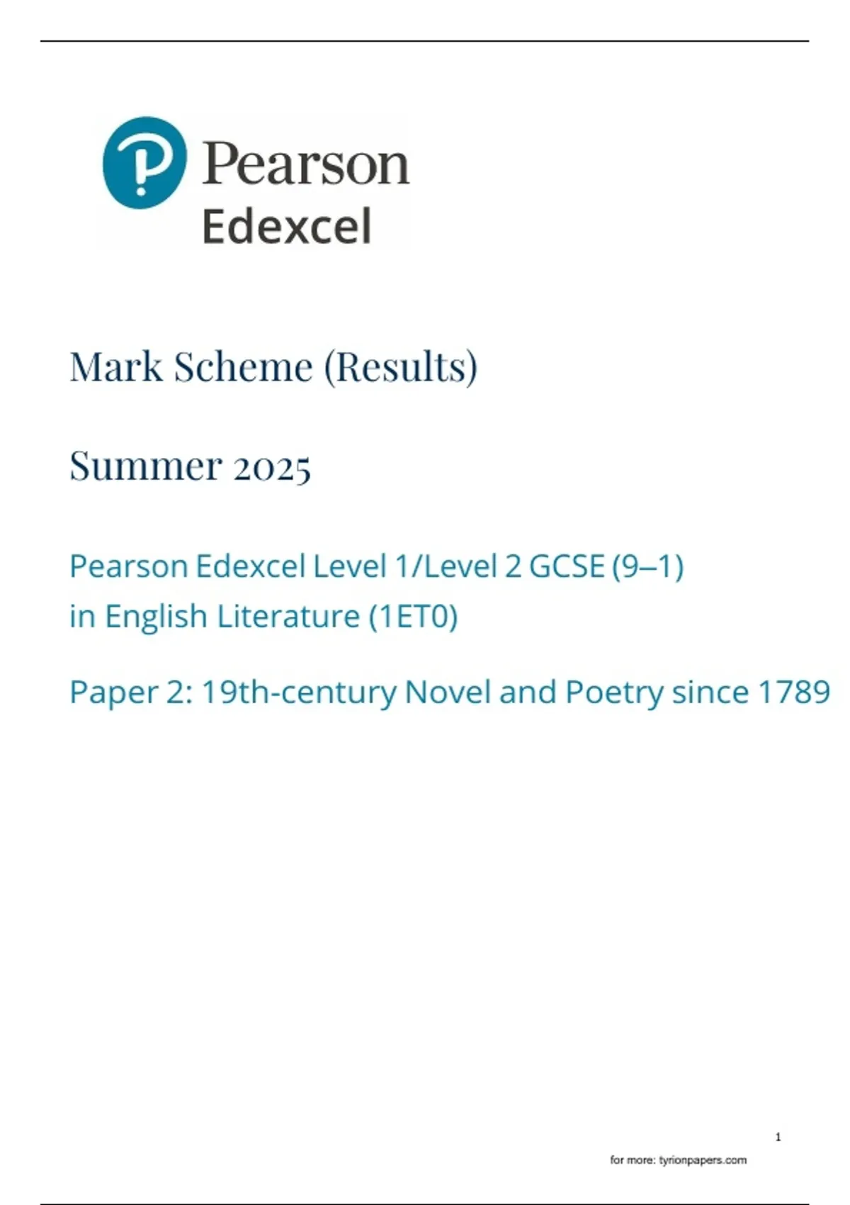 EDEXCEL GCSE ENGLISH LITERATURE MAY JUNE 2025 PAPER 2 MARK SCHEME ...