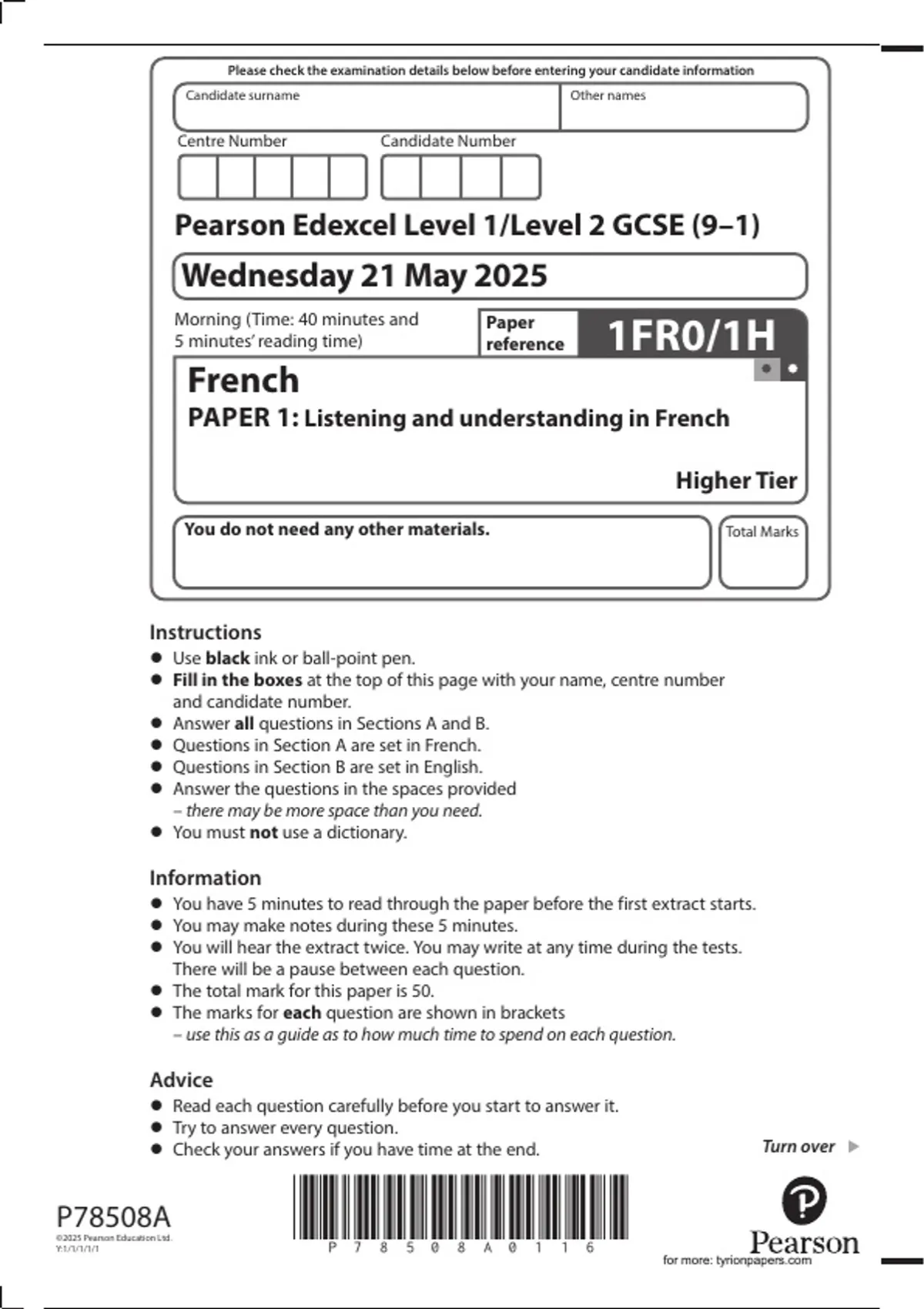 EDEXCEL GCSE FRENCH MAY JUNE 2025 PAPER 1 HIGHER QUESTION PAPER ...