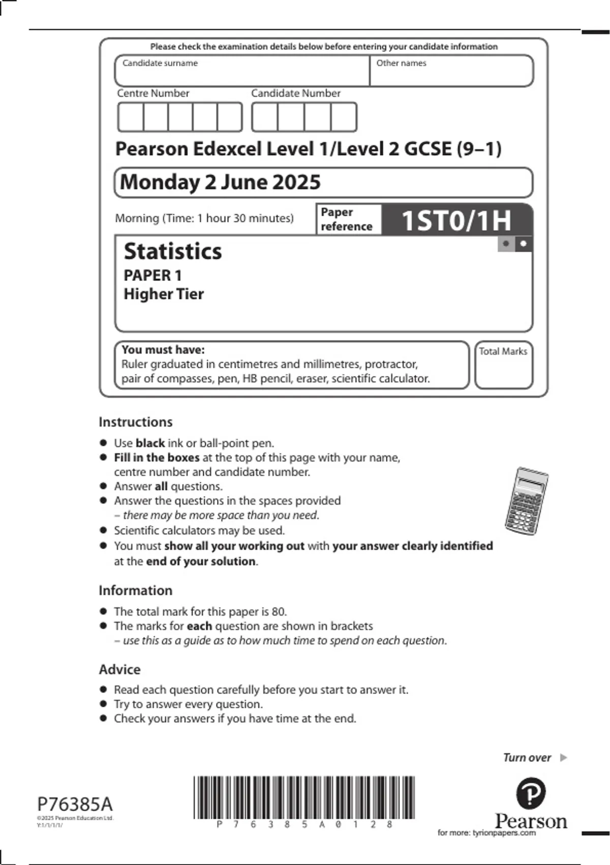 EDEXCEL GCSE STATISTICS MAY JUNE 2025 PAPER 1 HIGHER QUESTION PAPER ...