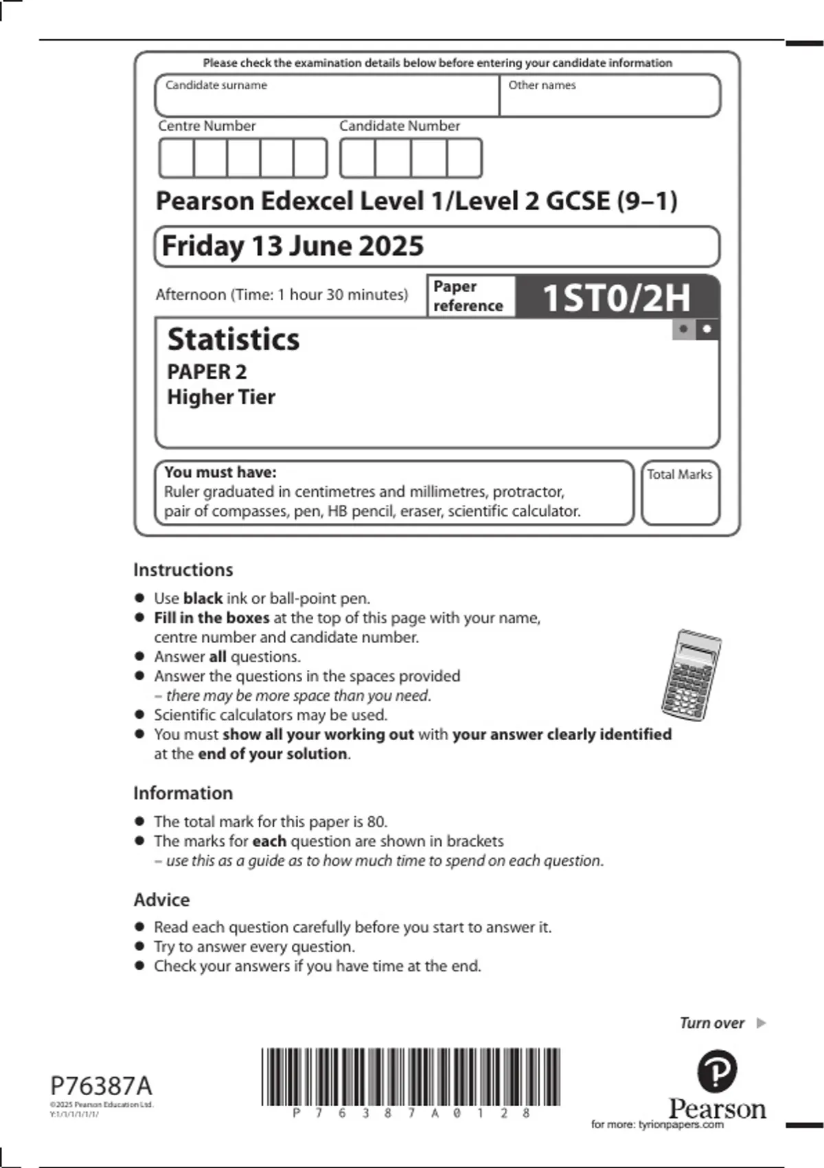 EDEXCEL GCSE STATISTICS MAY JUNE 2025 PAPER 2 HIGHER QUESTION PAPER ...