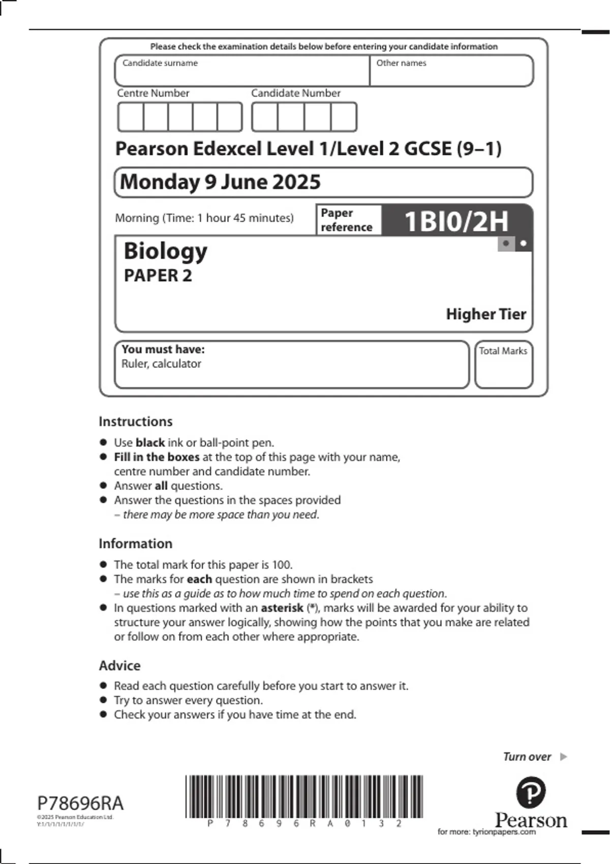 EDEXCEL GCSE TRIPLE SCIENCE BIOLOGY MAY JUNE 2025 PAPER 2 HIGHER ...