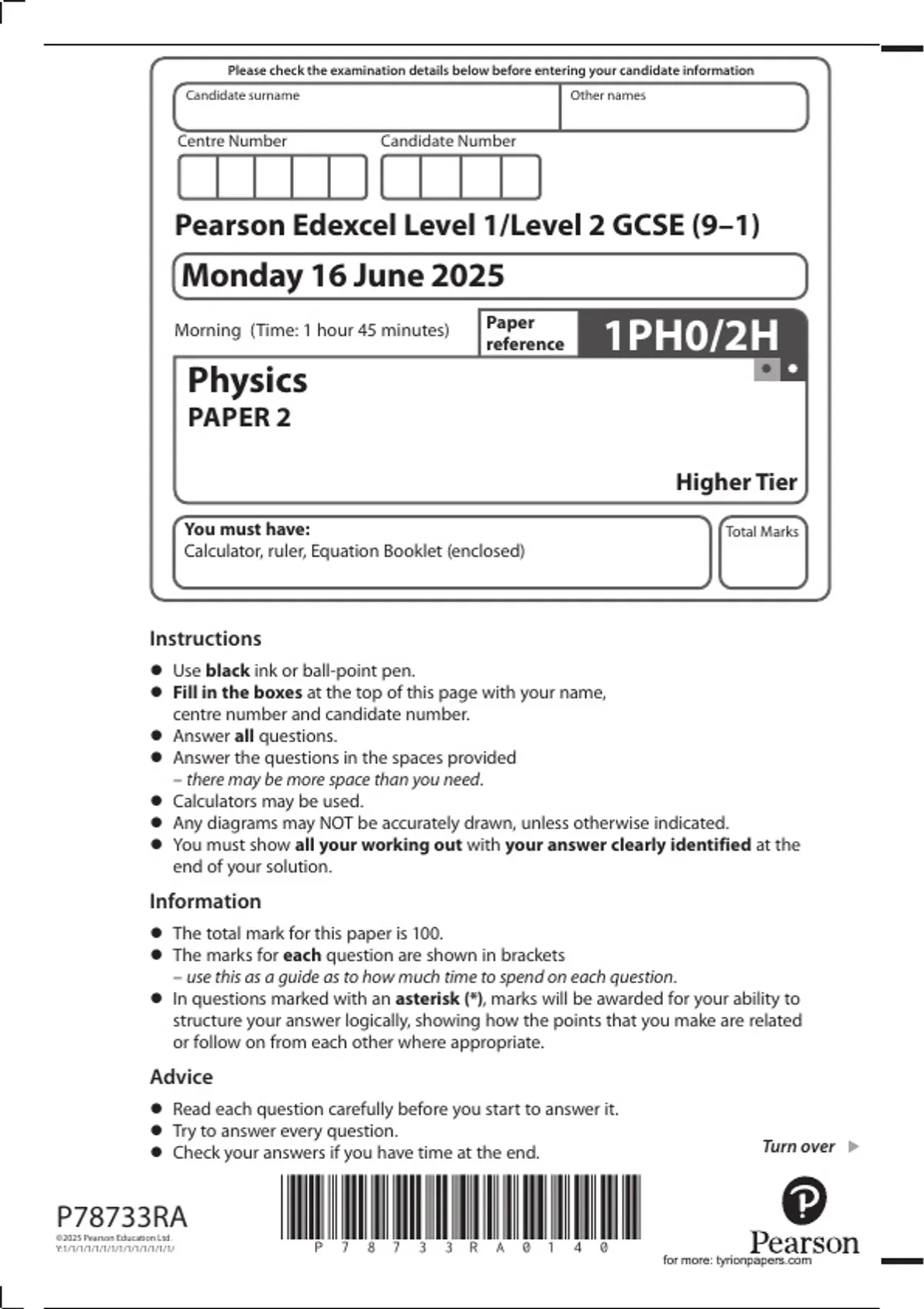 EDEXCEL GCSE TRIPLE SCIENCE PHYSICS MAY JUNE 2025 PAPER 2 HIGHER ...