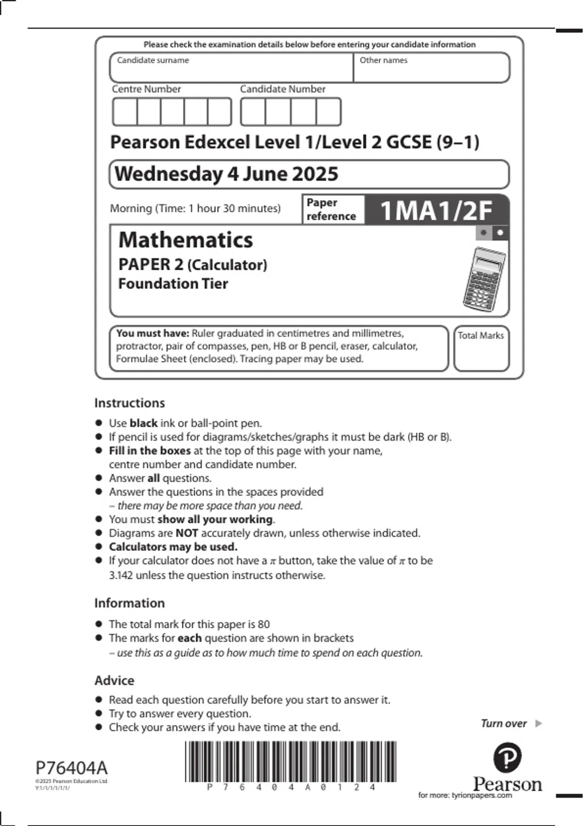 EDEXCEL GCSE MATHS MAY JUNE 2025 PAPER 2 FOUNDATION QUESTION PAPER ...