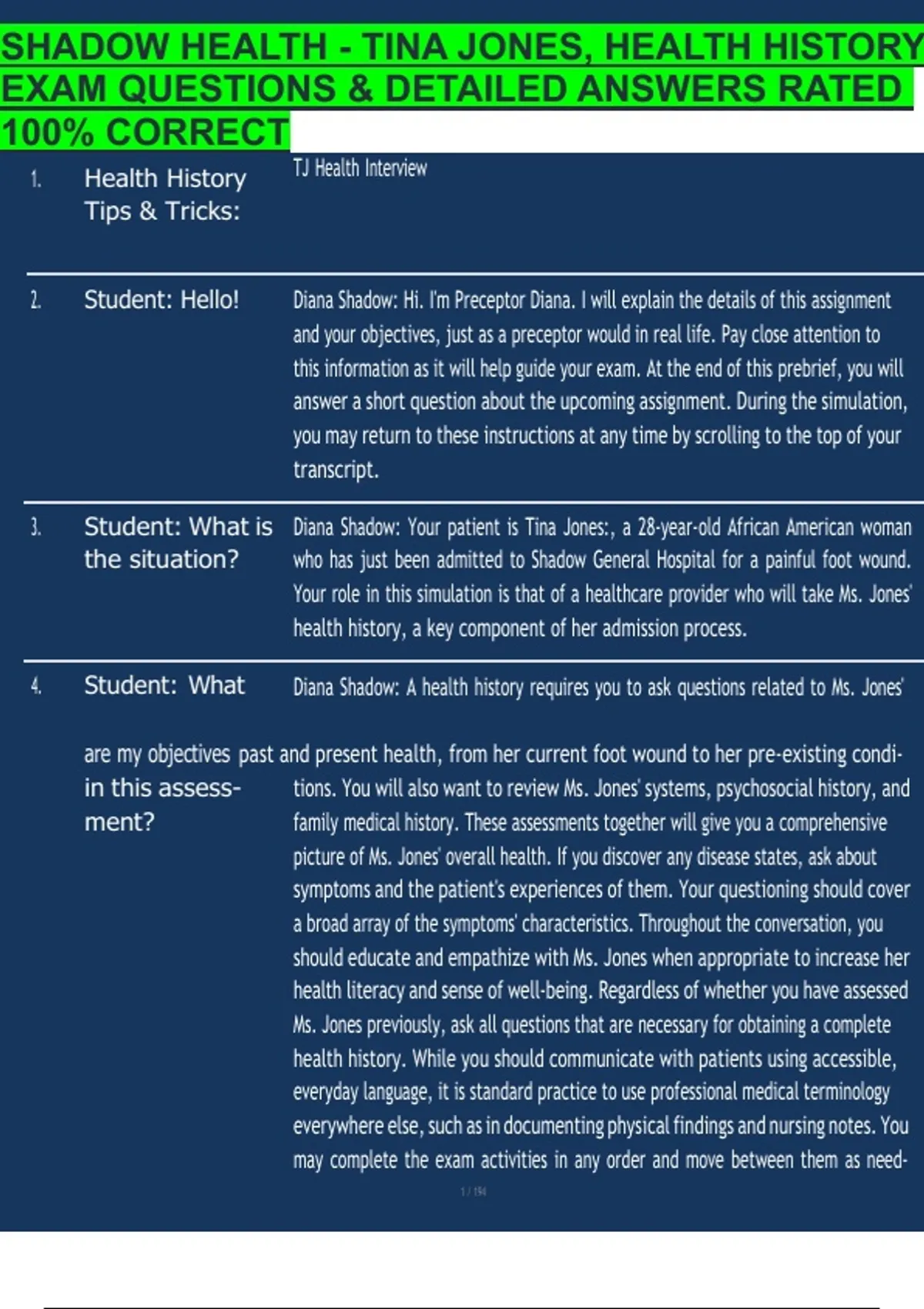 package deal for TENA JONES SHADOW HEALTH EXAM (LATEST UPDATE) - Stuvia US