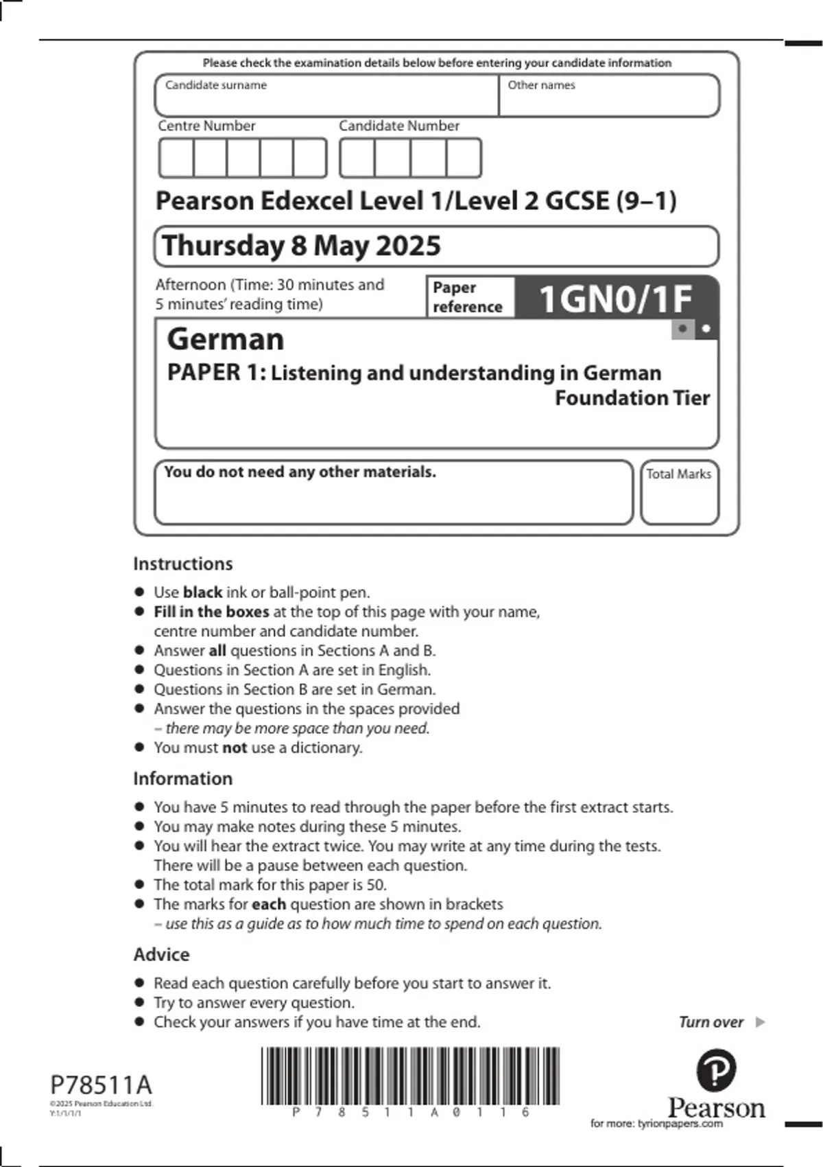 EDEXCEL GCSE GERMAN MAY JUNE 2025 PAPER 1 FOUNDATION QUESTION PAPER ...