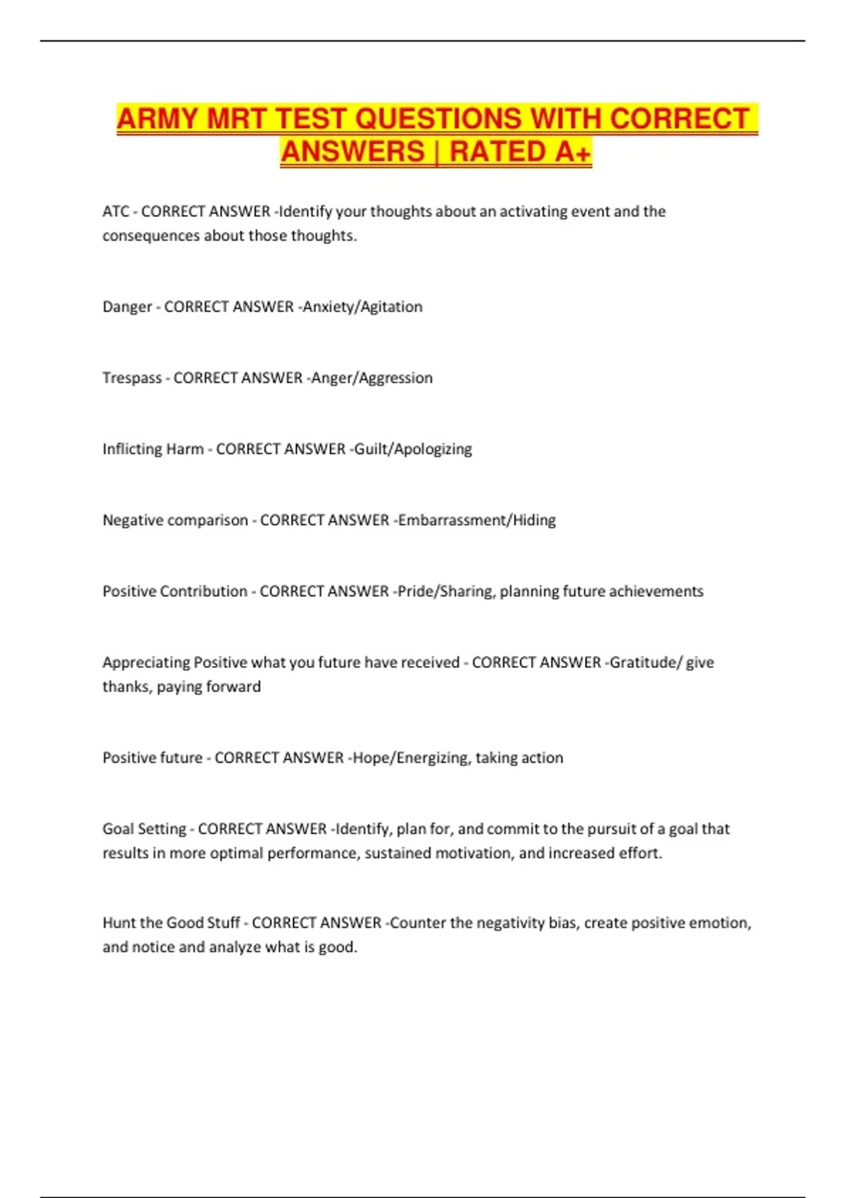 ARMY MRT TEST QUESTIONS WITH CORRECT ANSWERS | RATED A+ - ARMY MRT ...