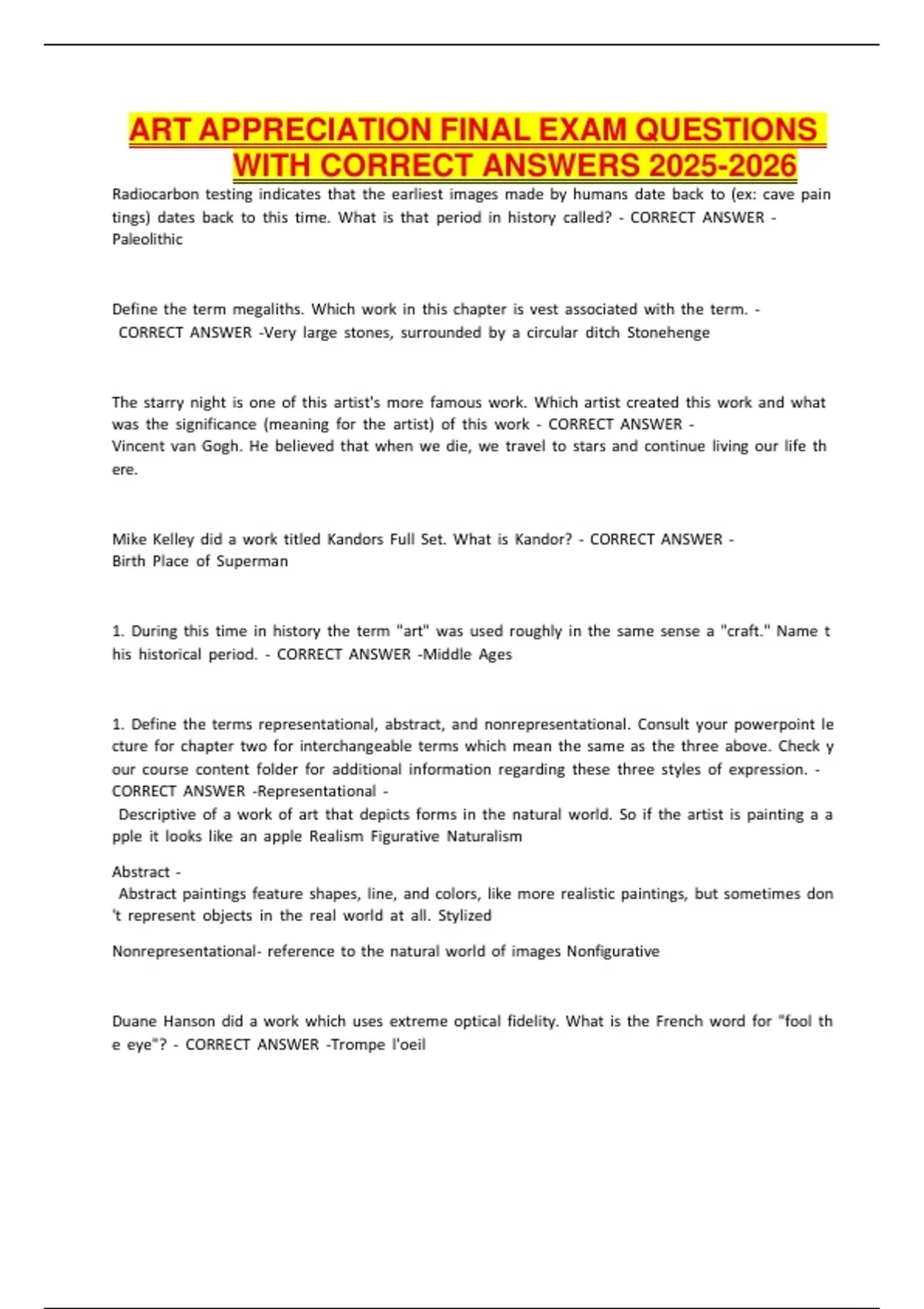 ART APPRECIATION FINAL EXAM QUESTIONS WITH CORRECT ANSWERS - ART ...