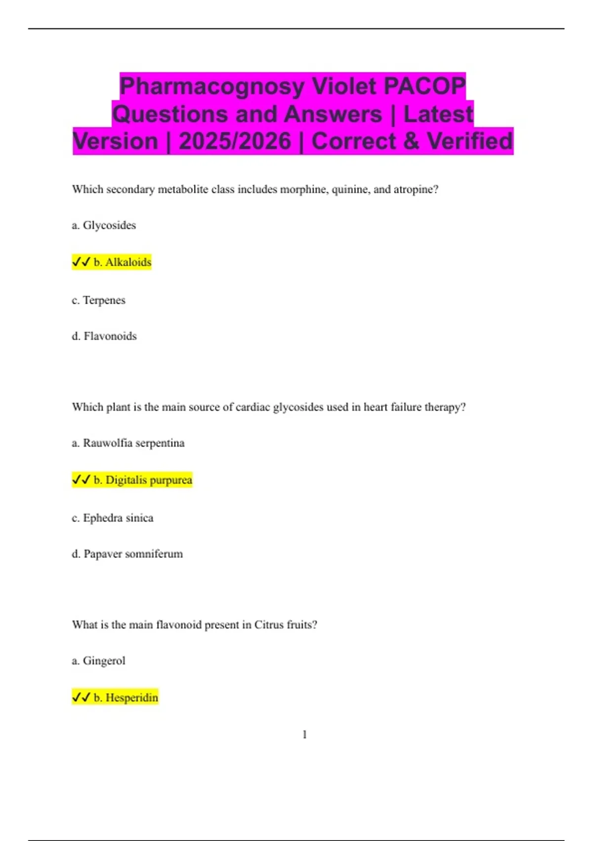 Pharmacognosy Violet PACOP Questions and Answers | Latest Version ...