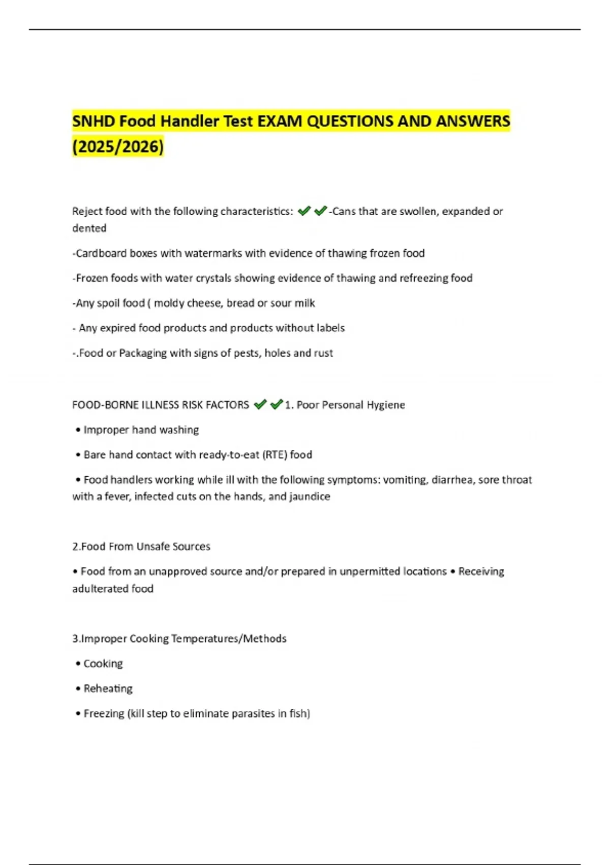 SNHD Food Handler Test EXAM QUESTIONS AND ANSWERS (2025/2026) - SNHD ...