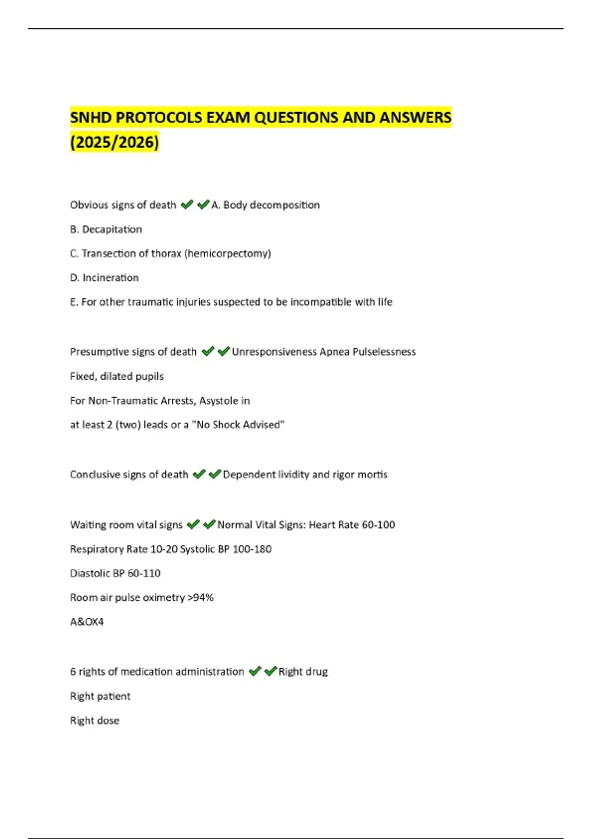 SNHD PROTOCOLS EXAM QUESTIONS AND ANSWERS (2025/2026) - SNHD PROTOCOLS ...