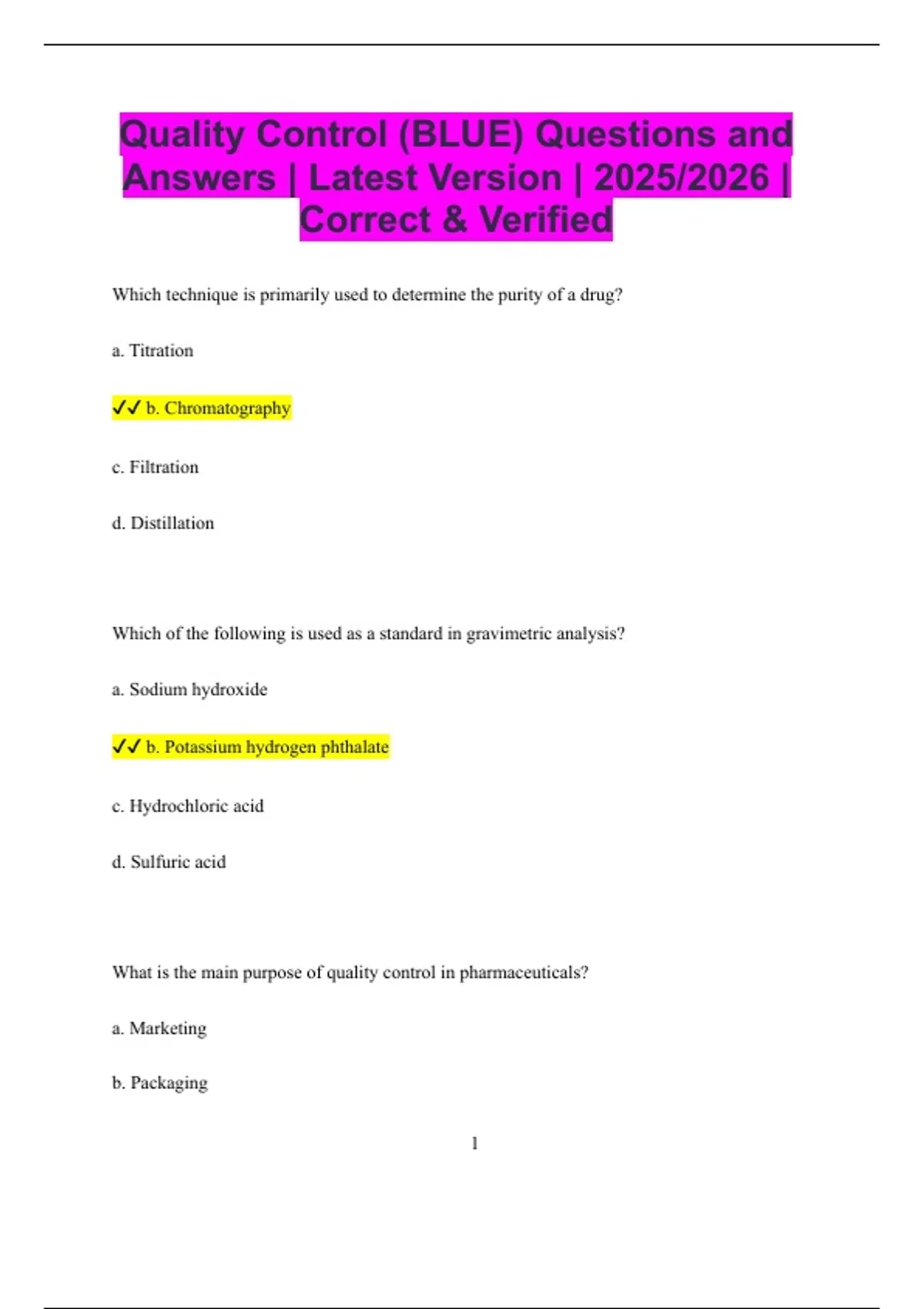 Quality Control (BLUE) Questions and Answers | Latest Version | 2025/ ...