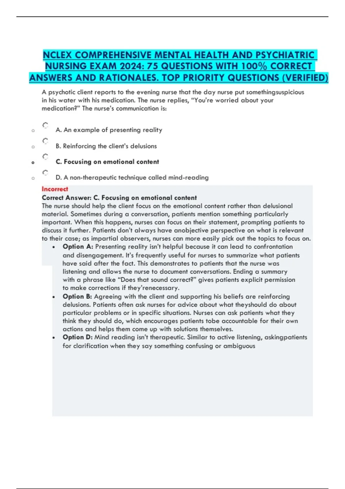 Comprehensive Mental Health & Psychiatric Nursing NCLEX Practice Quiz ...