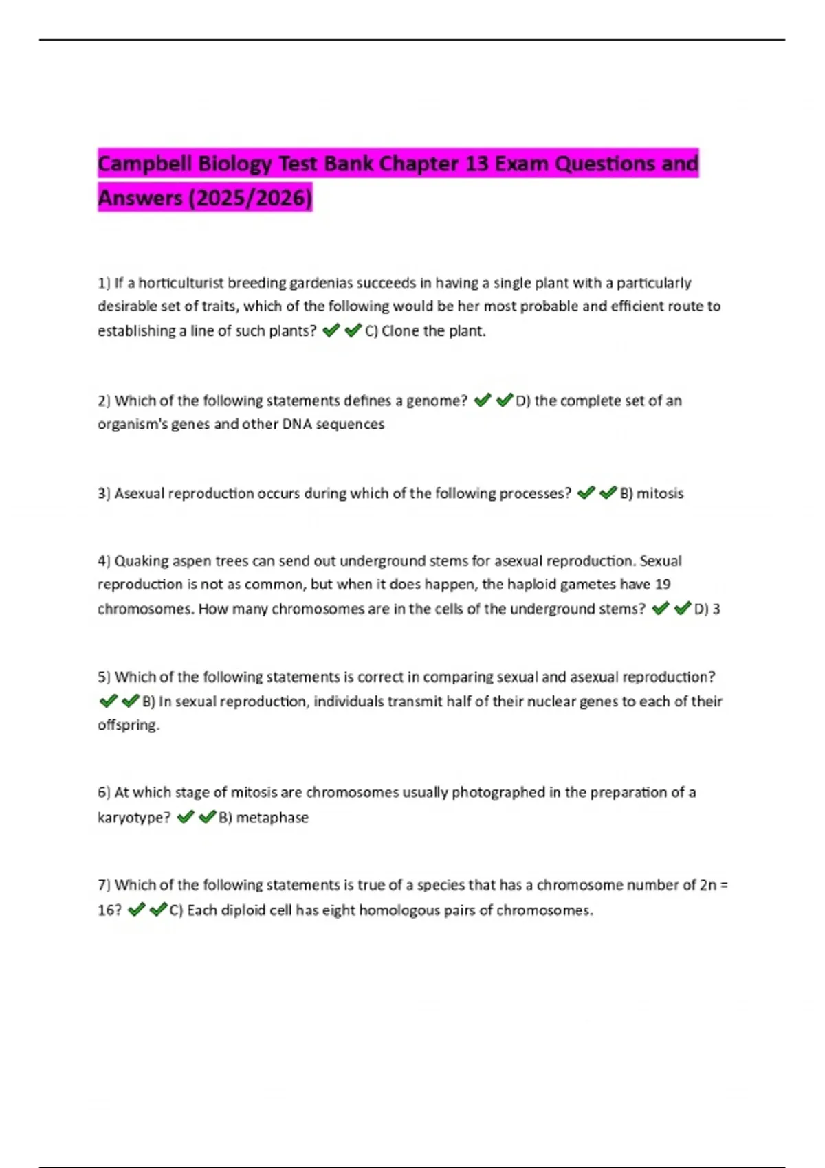 Campbell Biology Test Bank Chapter 13 Exam Questions and Answers (2025/ ...