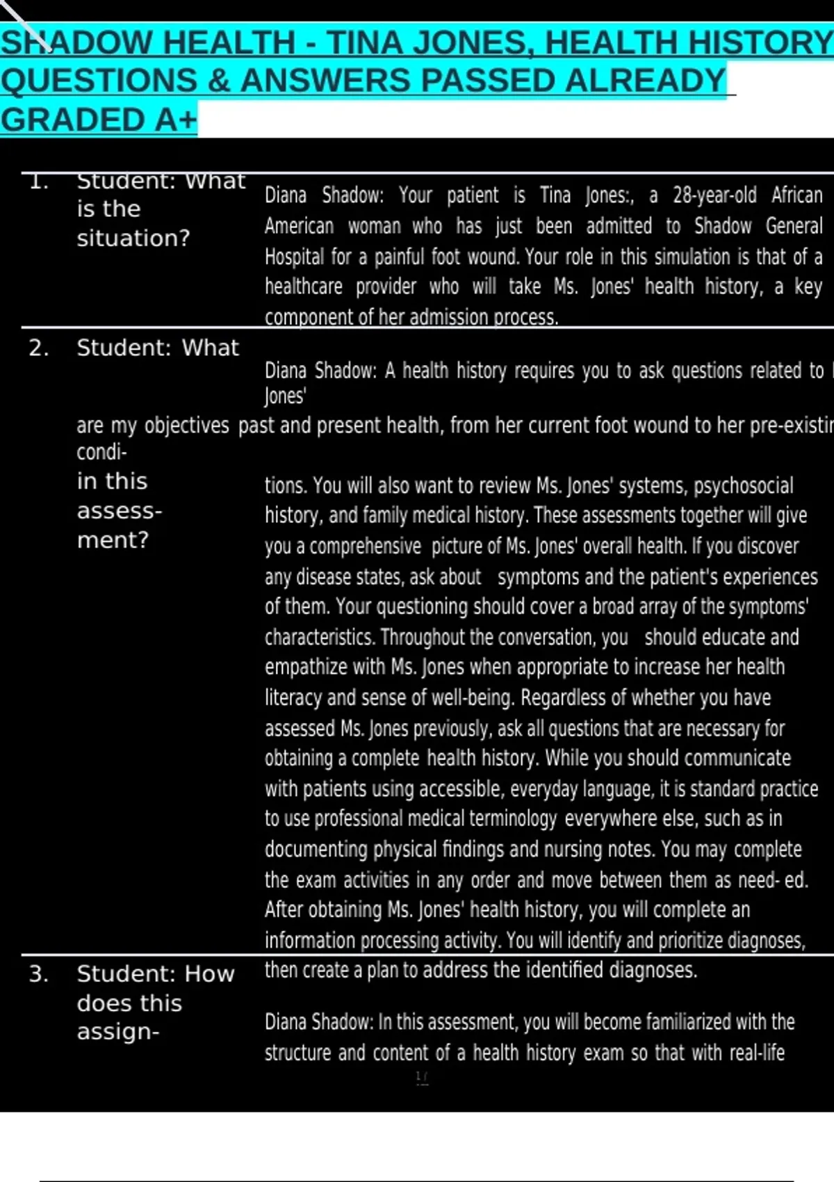 SHADOW HEALTH - TINA JONES, HEALTH HISTORY QUESTIONS & ANSWERS PASSED ...