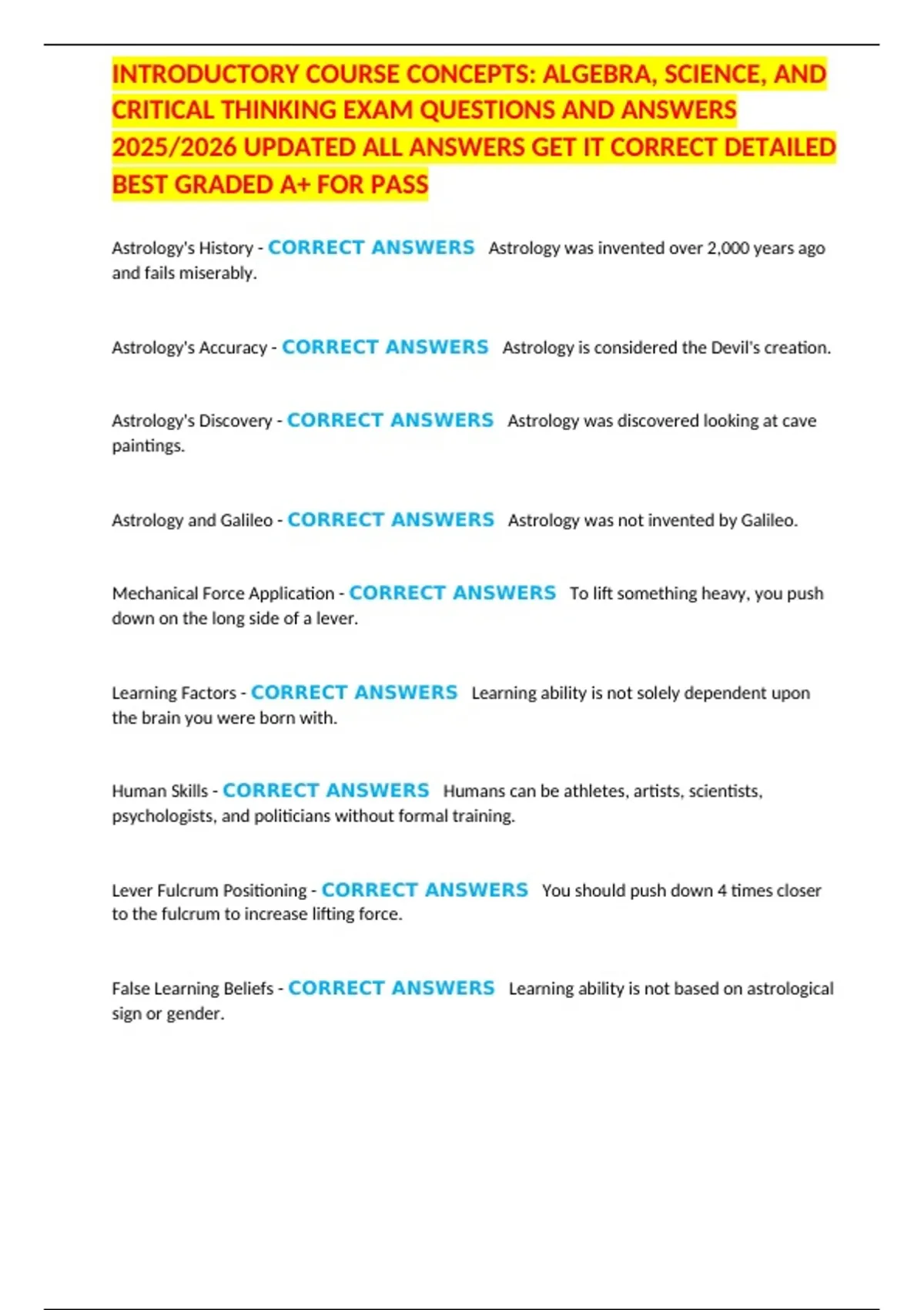 INTRODUCTORY COURSE CONCEPTS: ALGEBRA, SCIENCE, AND CRITICAL THINKING ...