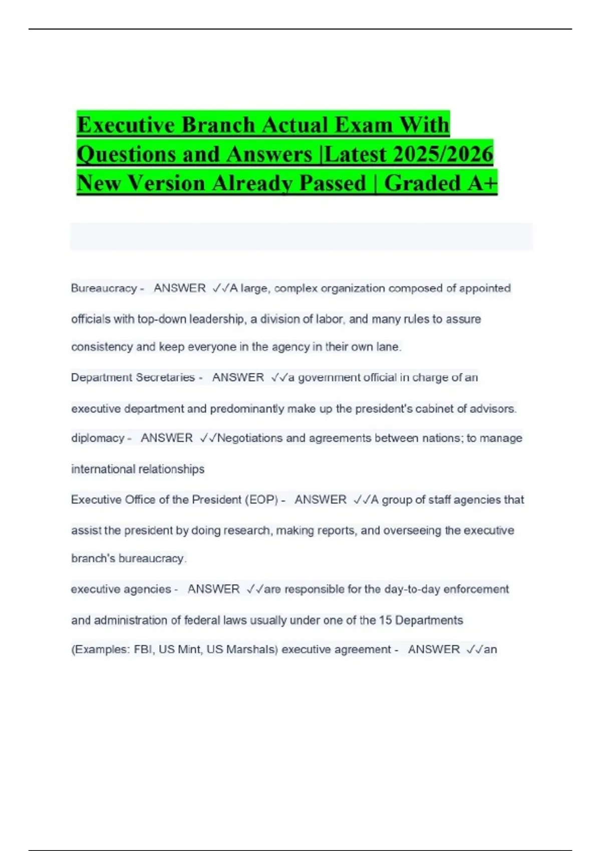 Executive Branch Actual Exam With Questions and Answers |Latest 2025/ ...