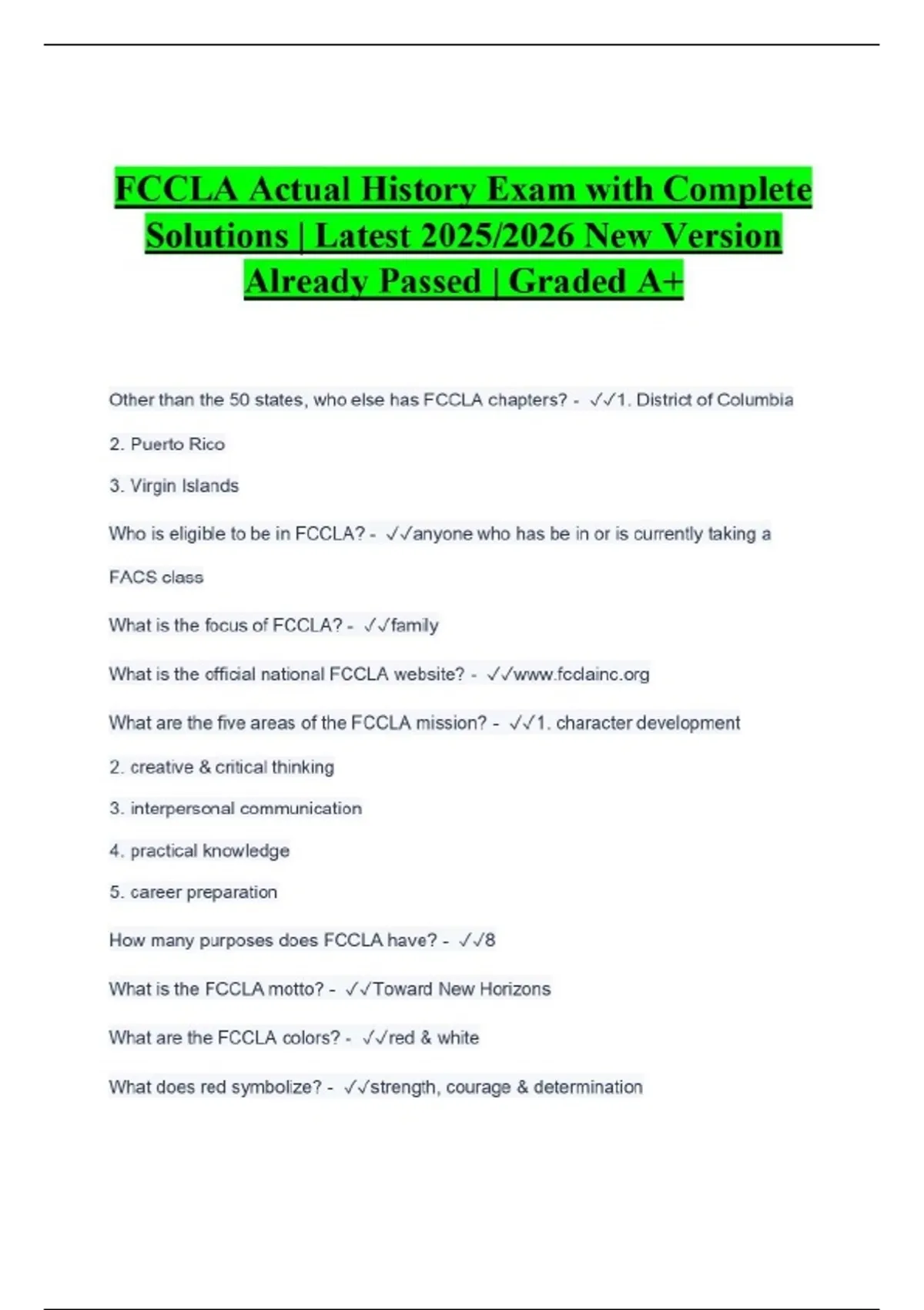 FCCLA Actual History Exam with Complete Solutions | Latest 2025/2026 ...
