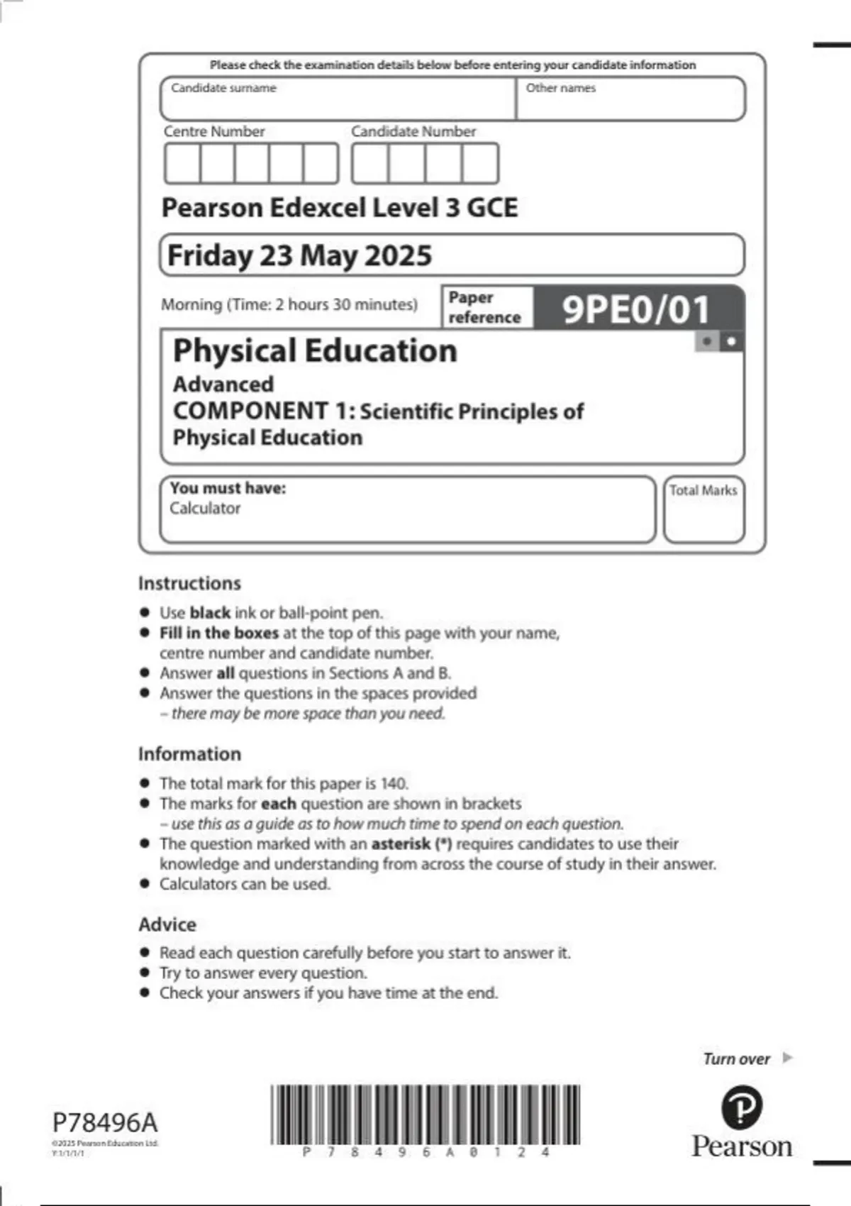PEARSON EDEXCEL A LEVEL PHYSICAL EDUCATION PAPER 1 JUNE 2025 FINAL ...