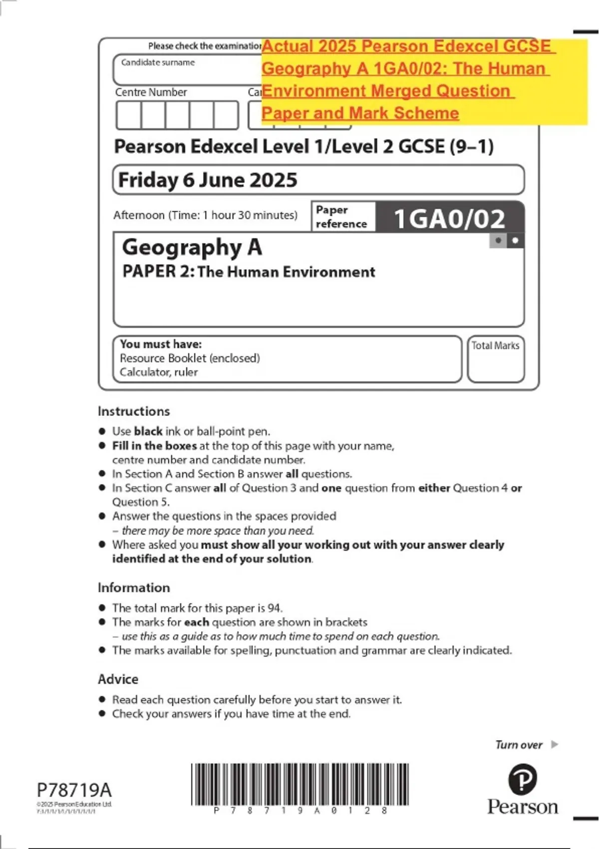 Actual 2025 Pearson Edexcel GCSE Geography A 1GA0/02: The Human ...