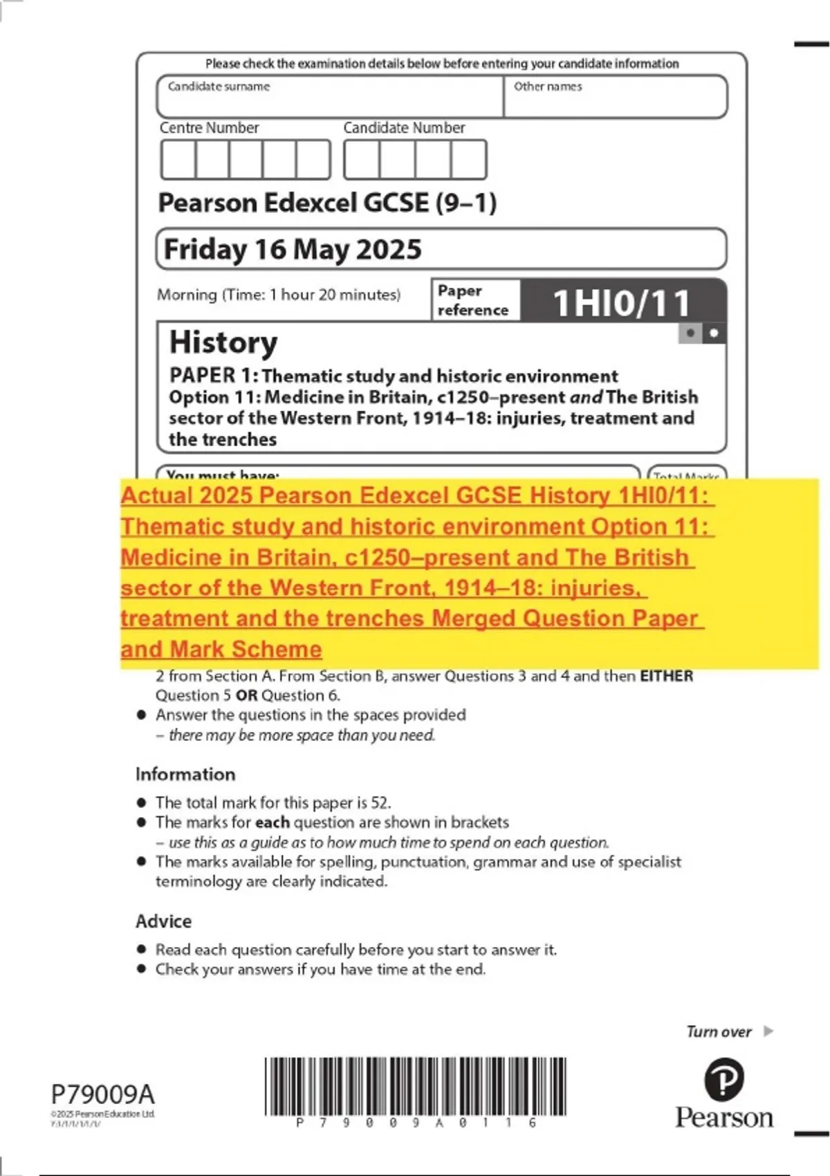 Actual 2025 Pearson Edexcel GCSE History 1HI0/11: Thematic study and ...