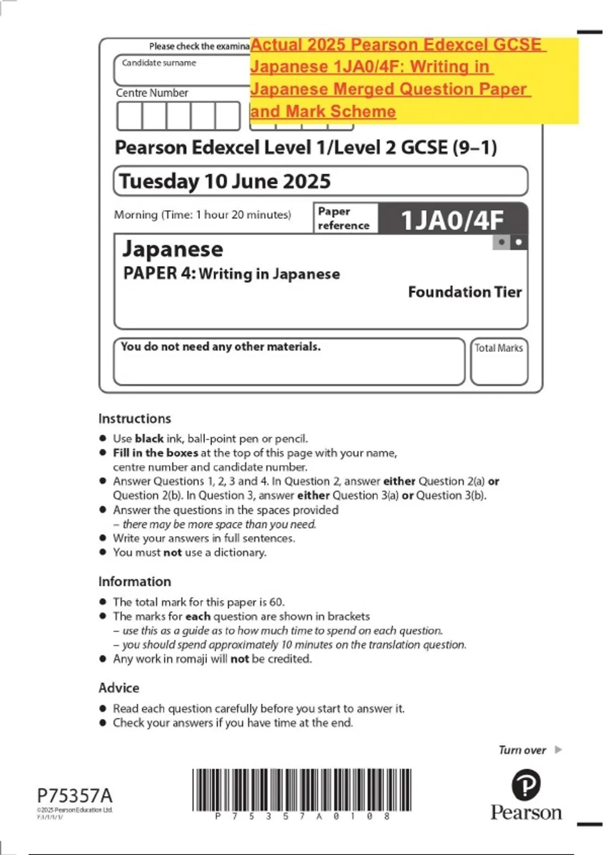Actual 2025 Pearson Edexcel GCSE Japanese 1JA0/4F: Writing in Japanese ...