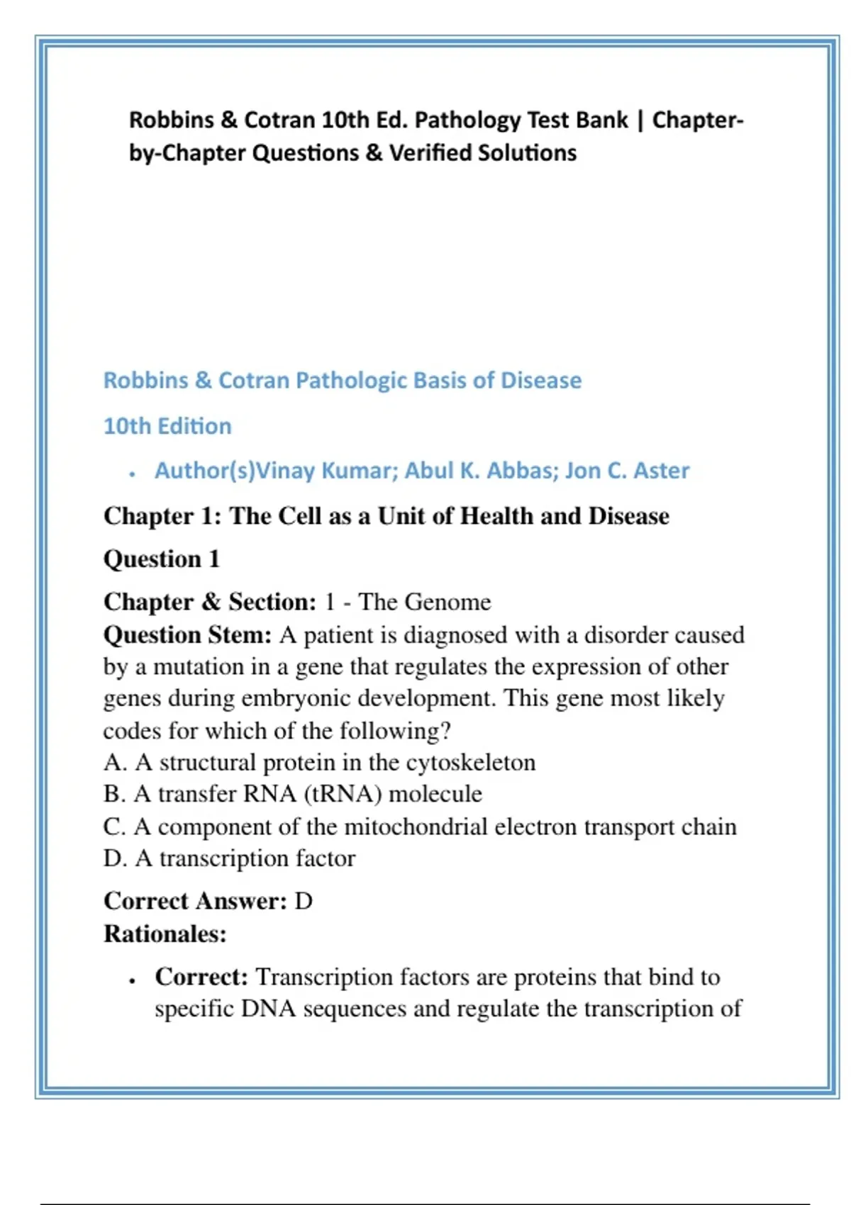 Robbins & Cotran Pathologic Basis of Disease 10th Edition Test Bank ...