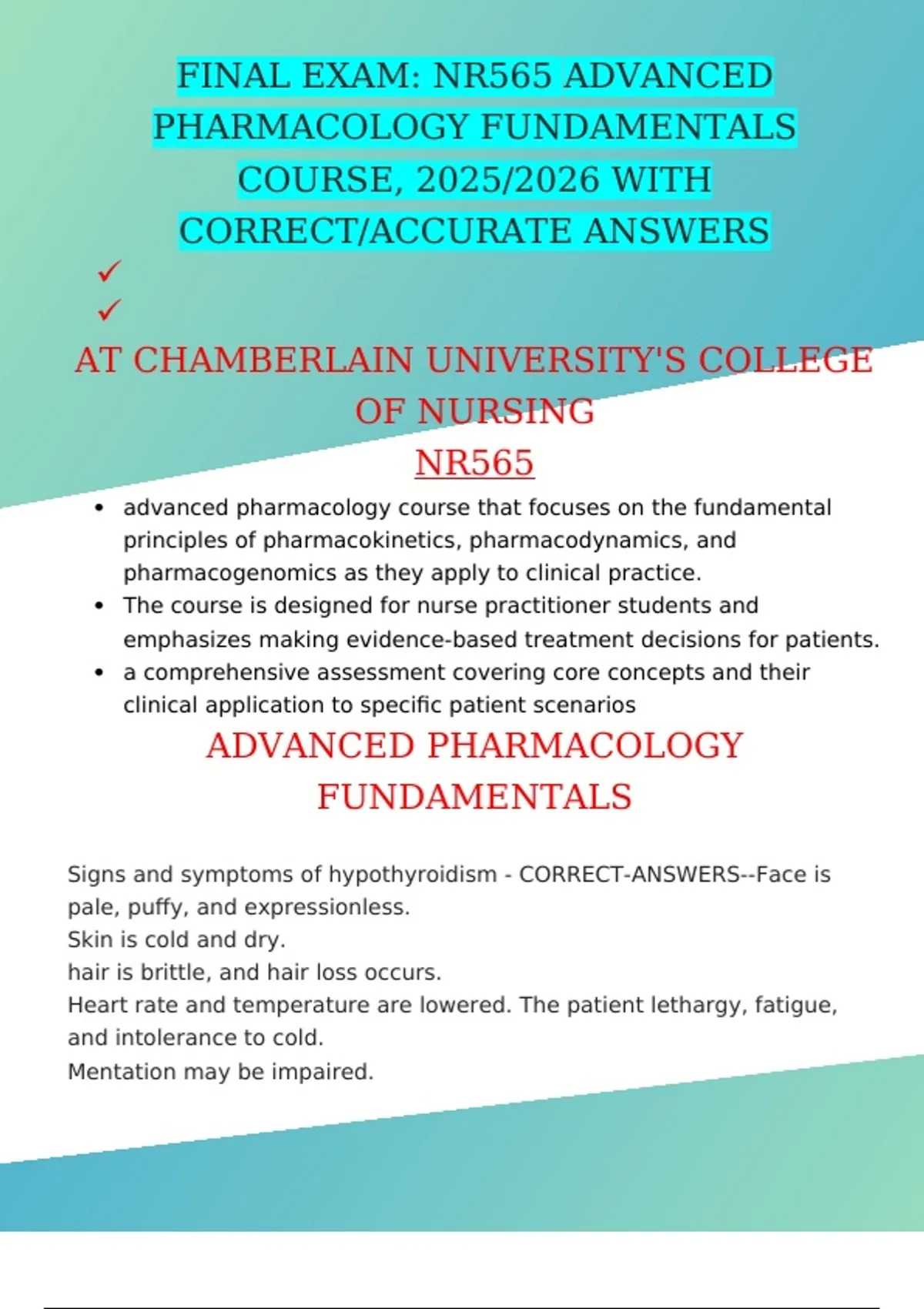FINAL EXAM: NR565 ADVANCED PHARMACOLOGY FUNDAMENTALS COURSE, 2025/2026 ...