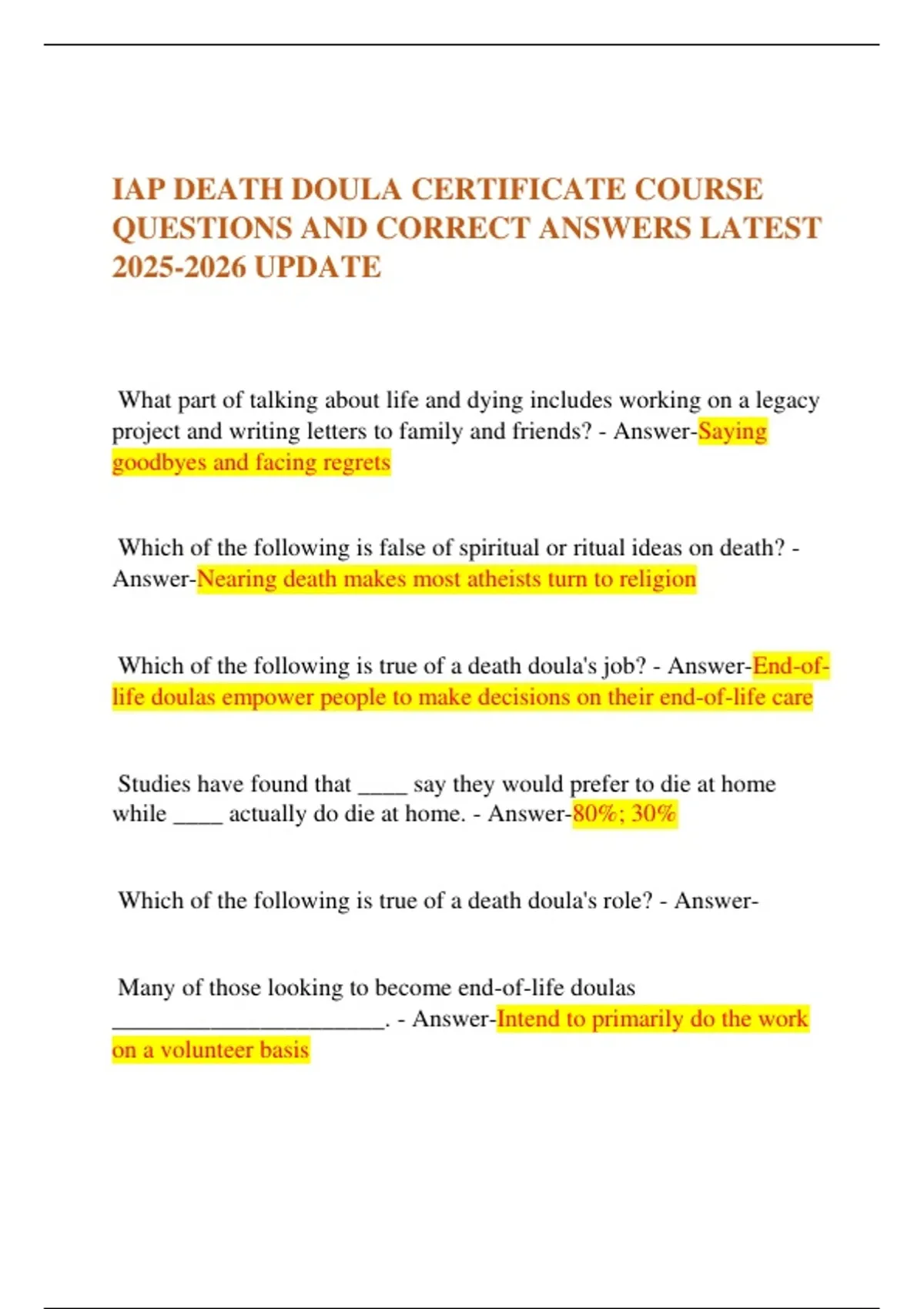 IAP DEATH DOULA CERTIFICATE COURSE QUESTIONS AND CORRECT ANSWERS LATEST ...