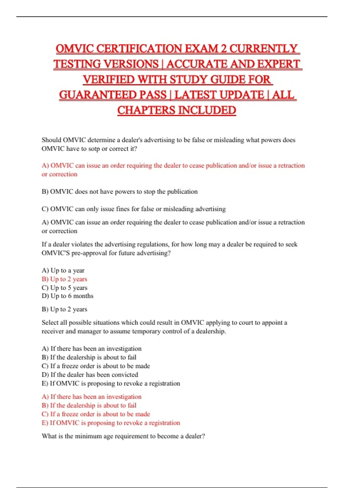 OMVIC Certification Exam (Latest 2026/2027 Update) Complete Questions ...
