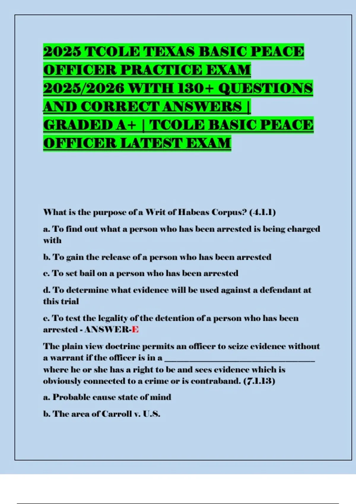 2025 TCOLE TEXAS BASIC PEACE OFFICER PRACTICE EXAM 2025/2026 WITH 130 ...