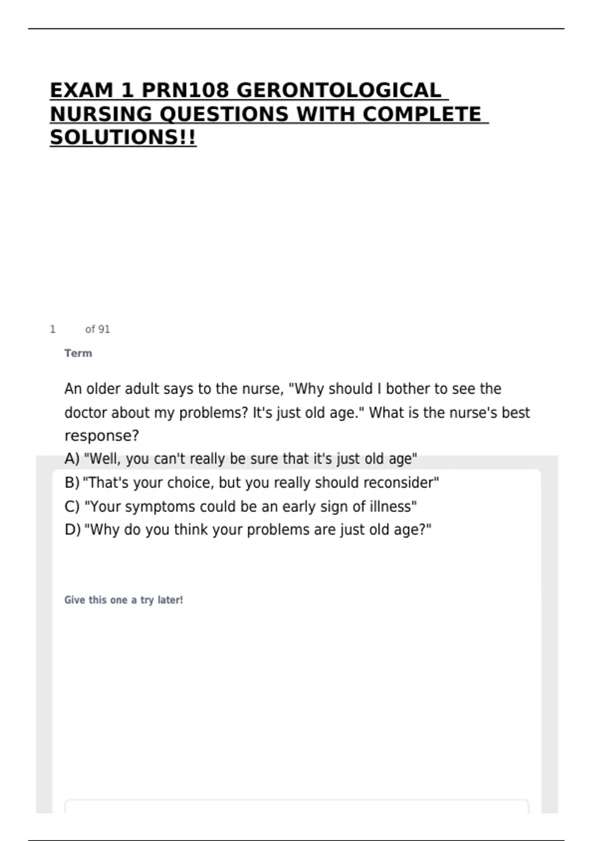 EXAM 1 PRN108 GERONTOLOGICAL NURSING QUESTIONS WITH COMPLETE SOLUTIONS ...