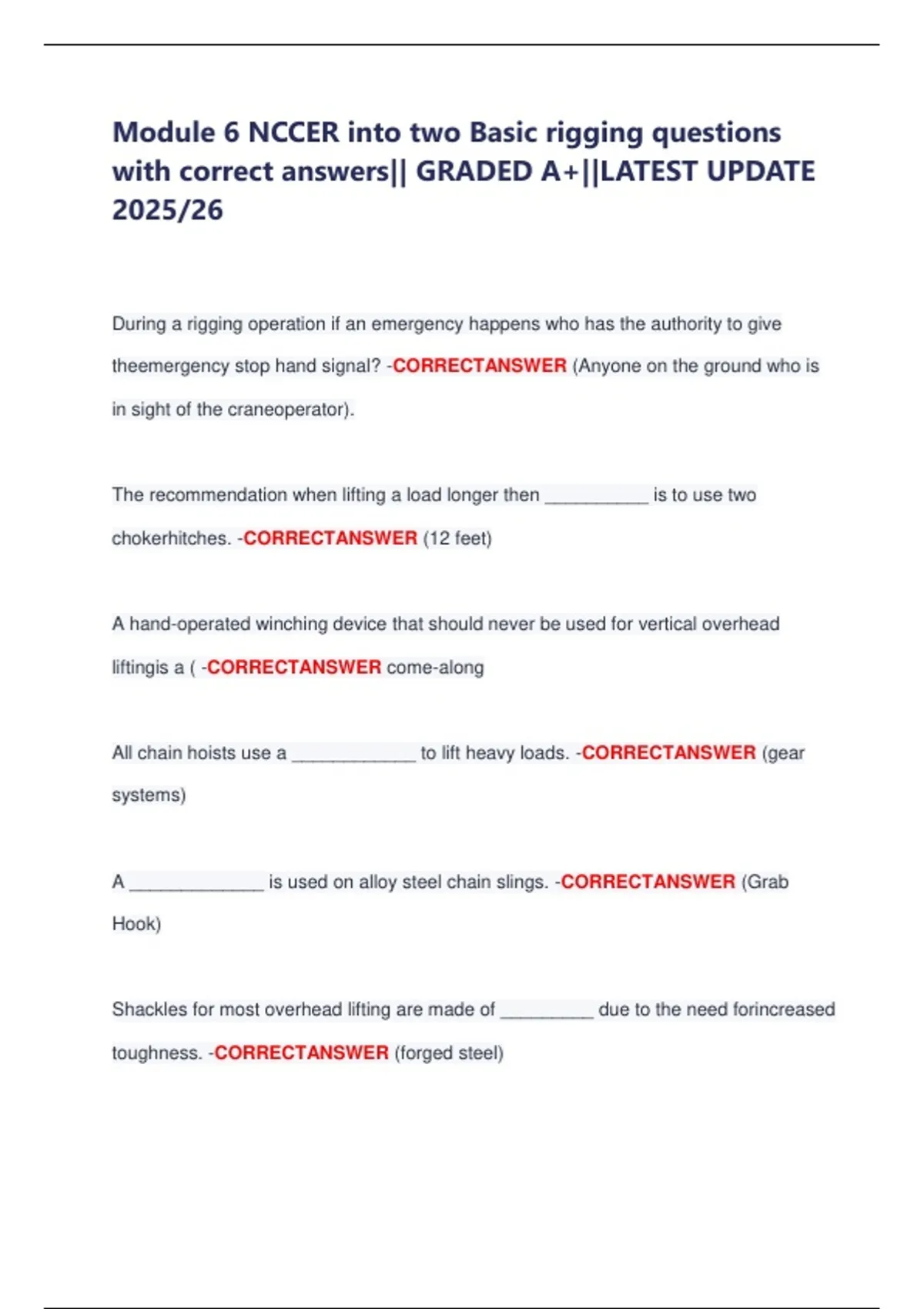 Module 6 NCCER into two Basic rigging questions with correct answers ...