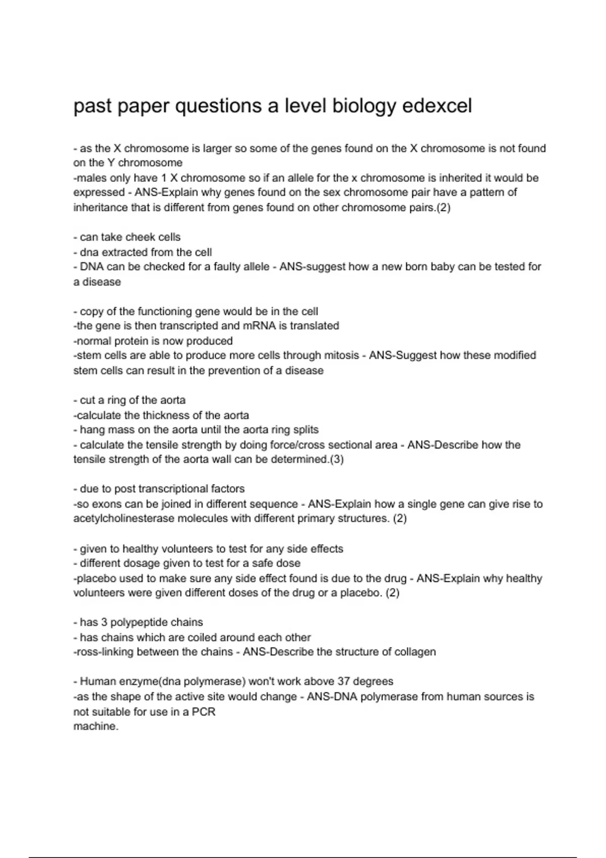 Edexcel A Level Biology Past Paper Questions and Answers with Solution ...