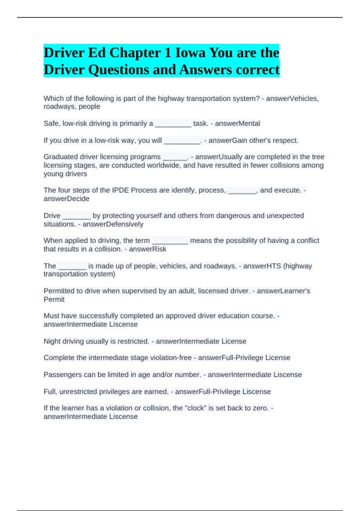 Driver Ed Chapter 1 Iowa You are the Driver Questions and Answers ...