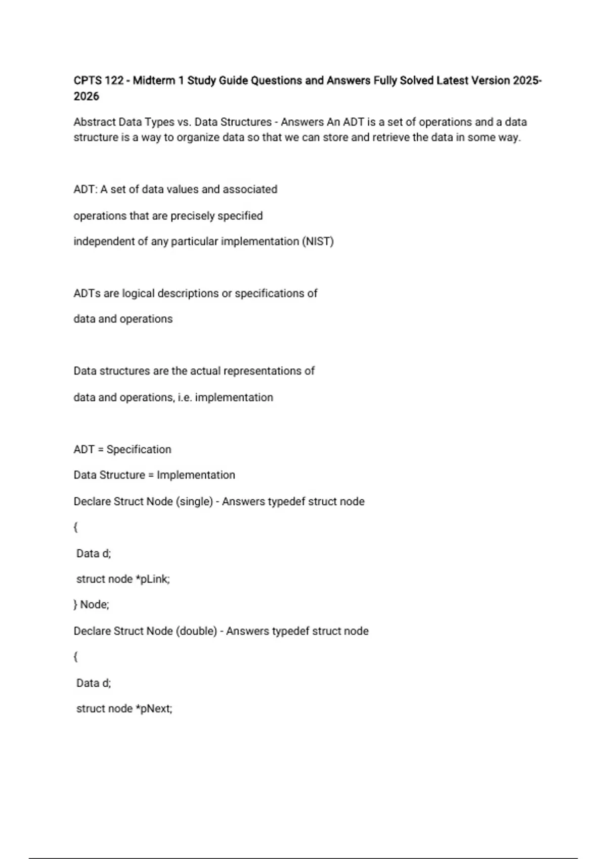 CPTS 122 - Midterm 1 Study Guide Questions and Answers Fully Solved ...