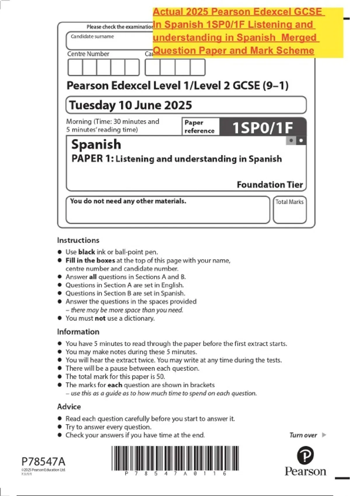 Actual 2025 Pearson Edexcel GCSE In Spanish 1SP0/1F Listening and ...