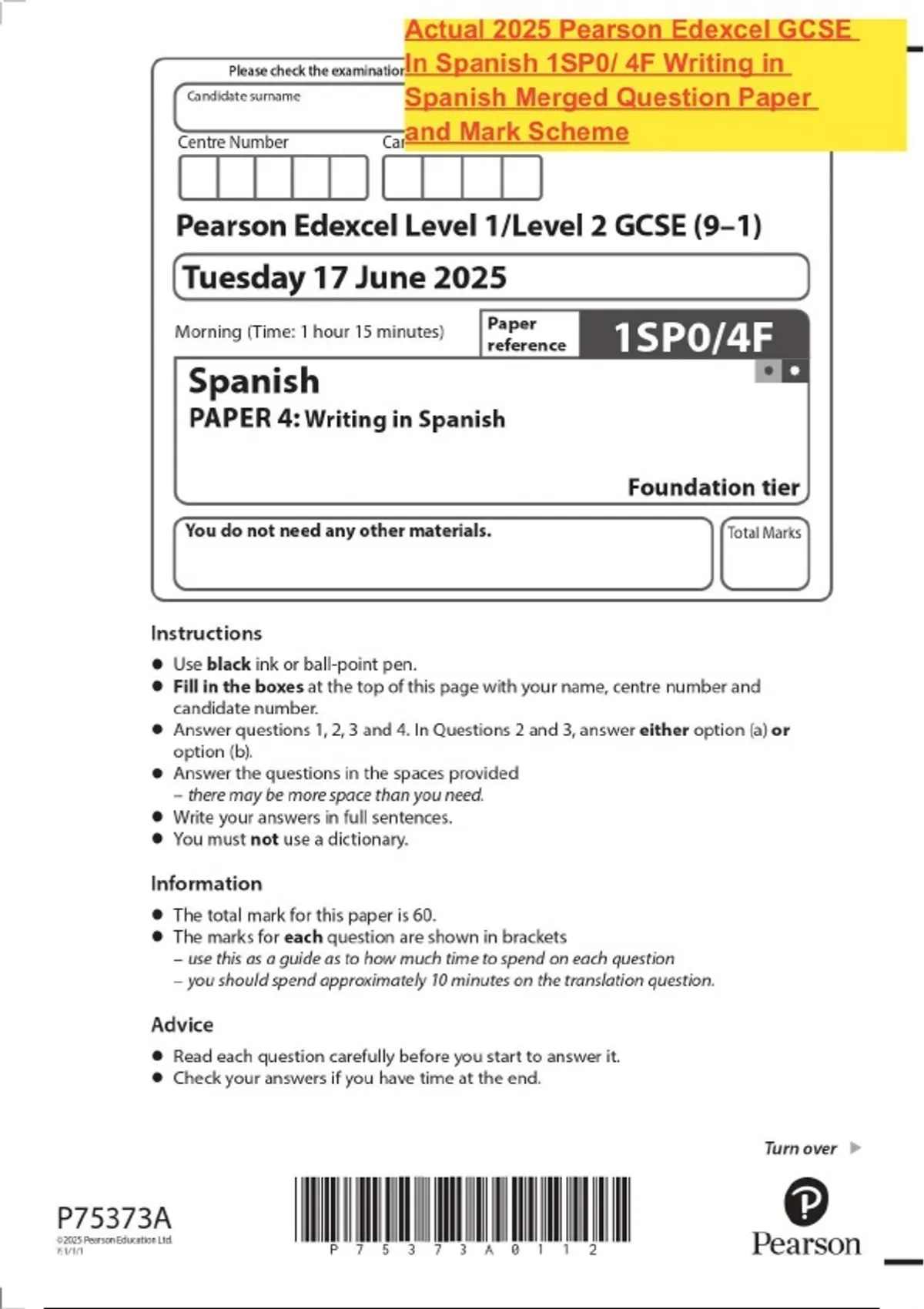 Actual 2025 Pearson Edexcel GCSE In Spanish 1SP0/ 4F Writing in Spanish ...