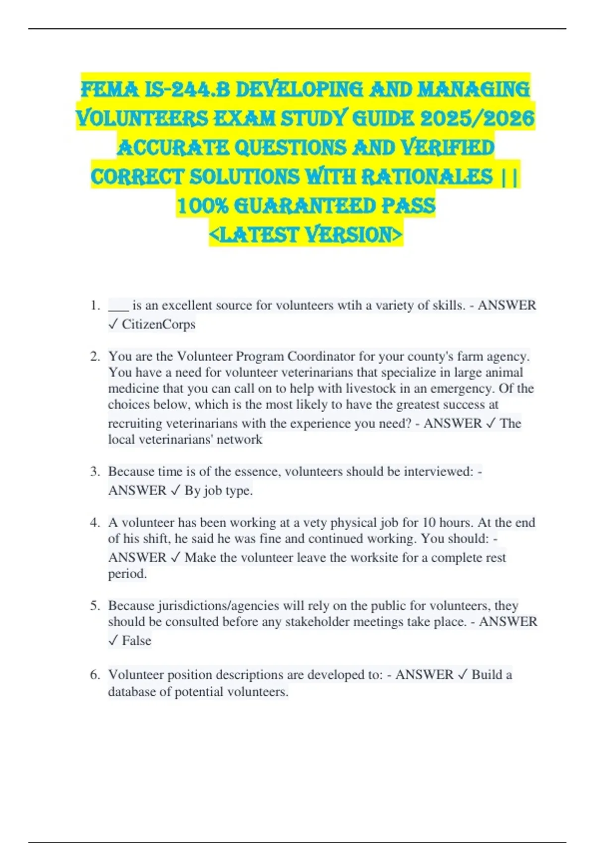 FEMA IS-244.b Developing and Managing Volunteers EXAM STUDY GUIDE 2025/ ...