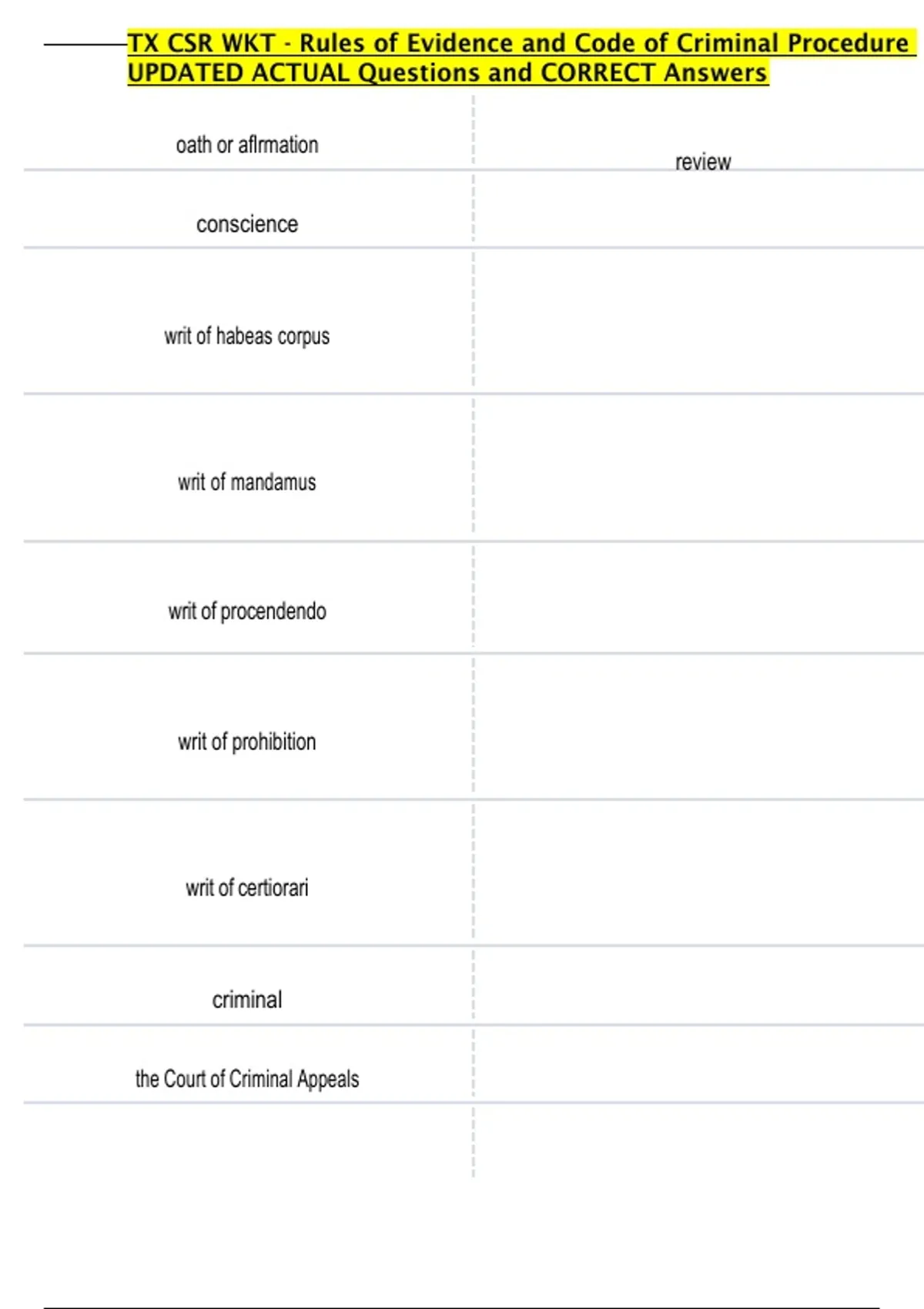 TX CSR WKT - Rules of Evidence and Code of Criminal Procedure UPDATED ...