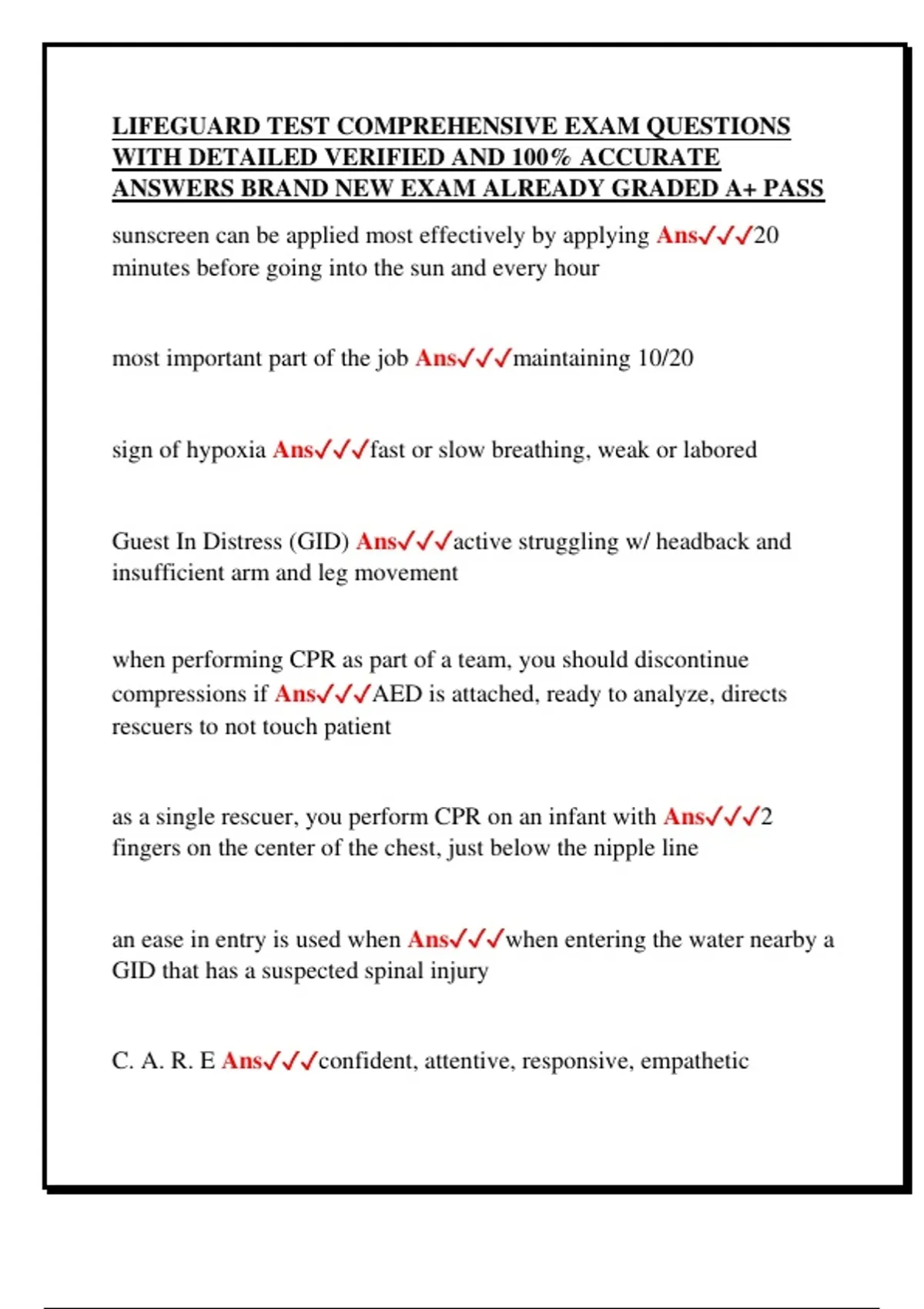 LIFEGUARD TEST COMPREHENSIVE EXAM QUESTIONS WITH DETAILED VERIFIED AND ...