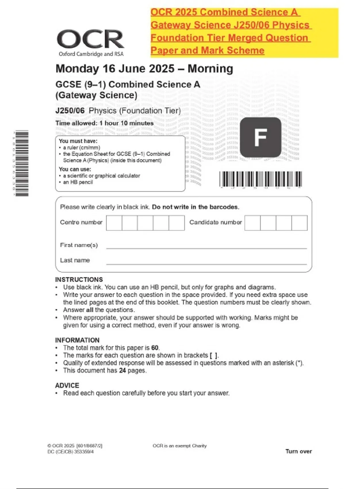 OCR 2025 Combined Science A Gateway Science J250/06 Physics Foundation ...