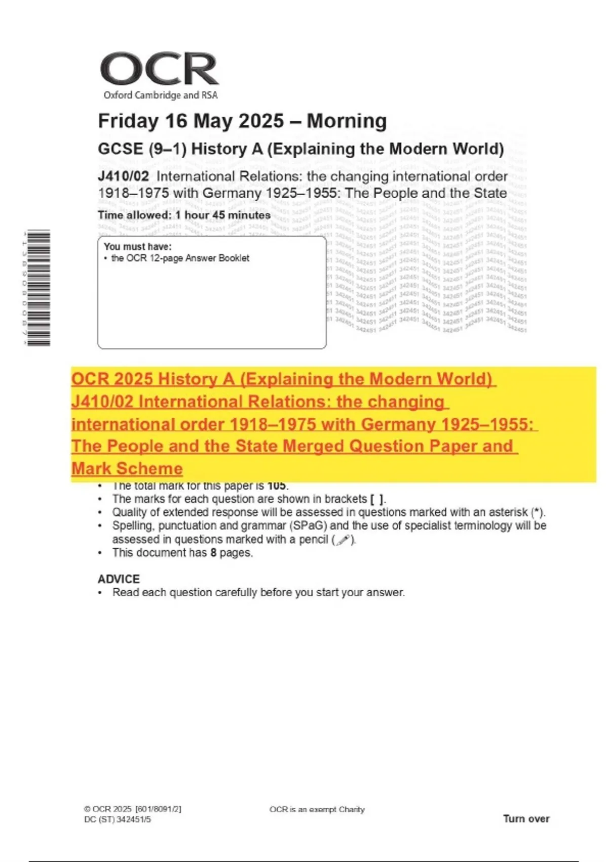 OCR 2025 History A (Explaining the Modern World) J410/02 International ...