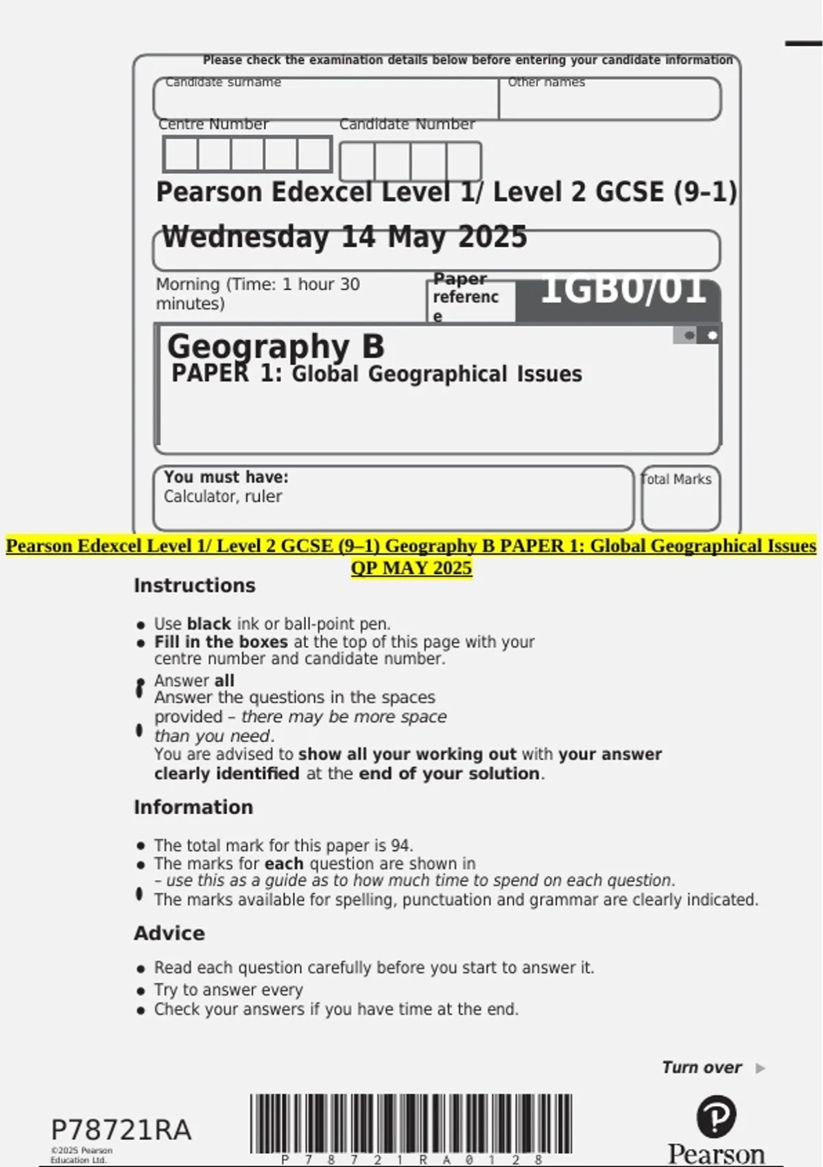 Pearson Edexcel Level 1/ Level 2 GCSE (9–1) Geography B PAPER 1: Global ...