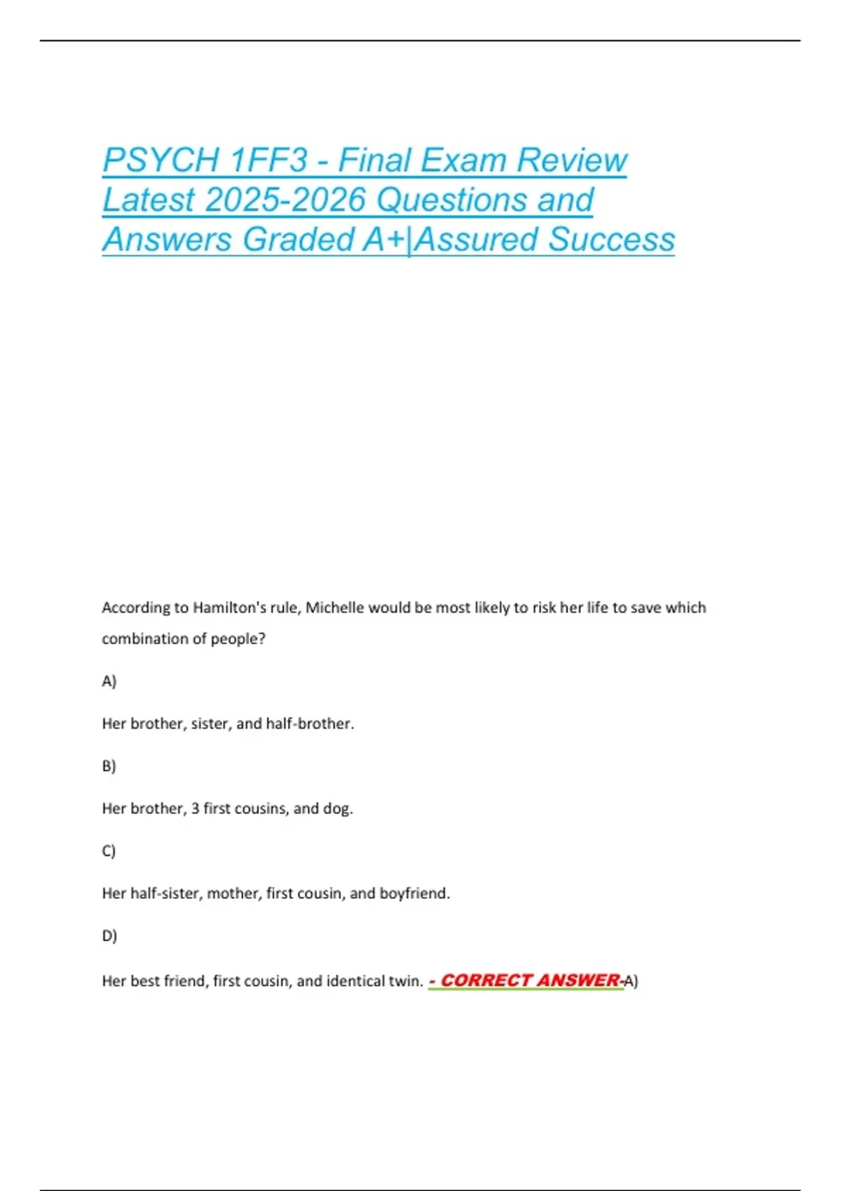 PSYCH 1FF3 - Final Exam Review Latest Questions and Answers Graded A+ ...