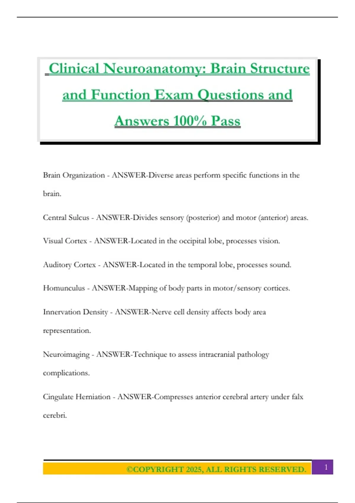 Clinical Neuroanatomy: Brain Structure and Function Exam Questions and ...