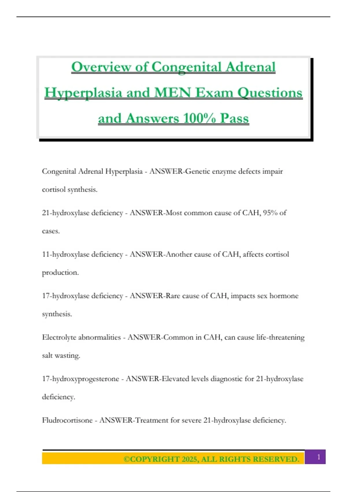 Overview of Congenital Adrenal Hyperplasia and MEN Exam Questions and ...