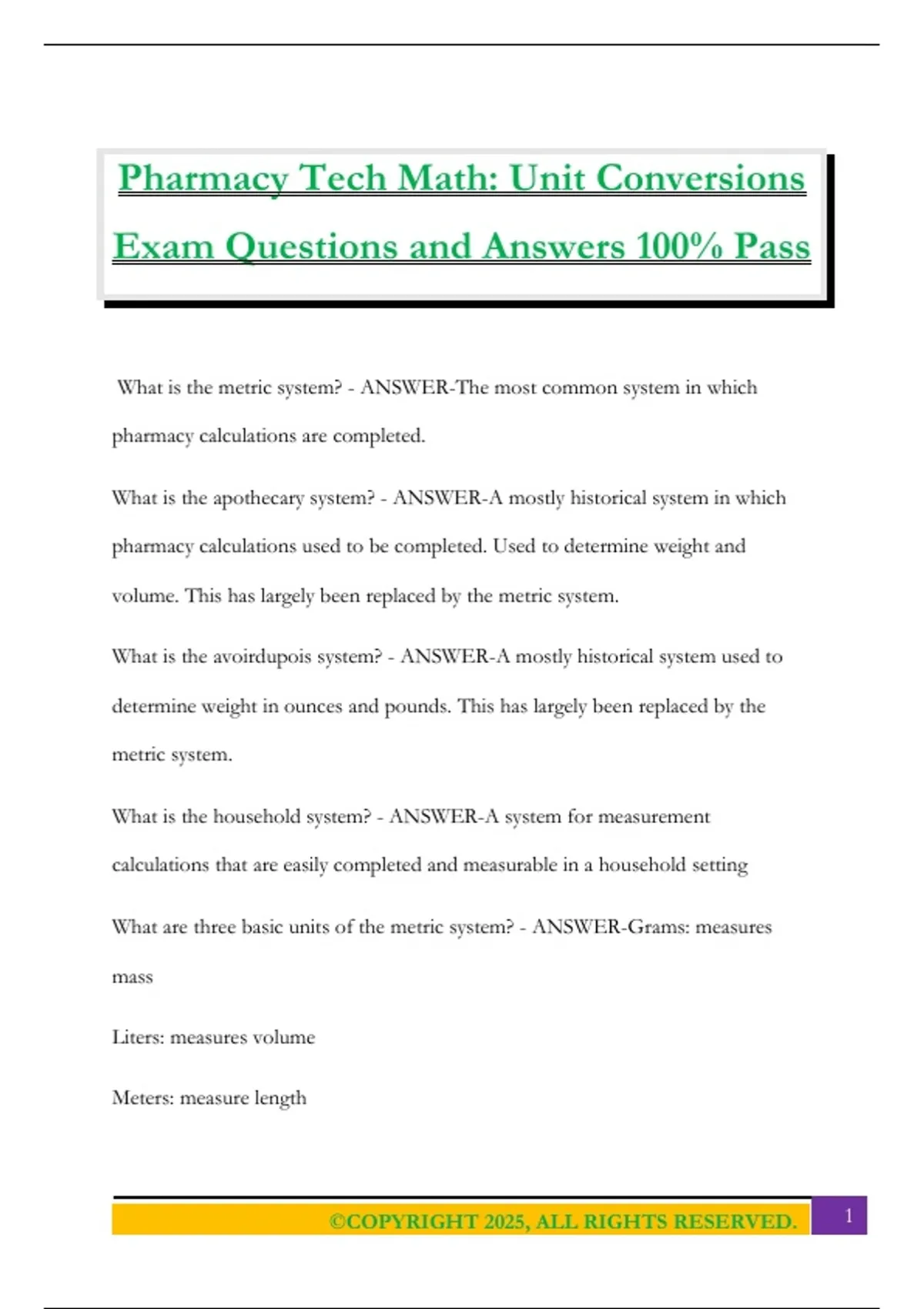 Pharmacy Tech Math: Unit Conversions Exam Questions and Answers 100% ...