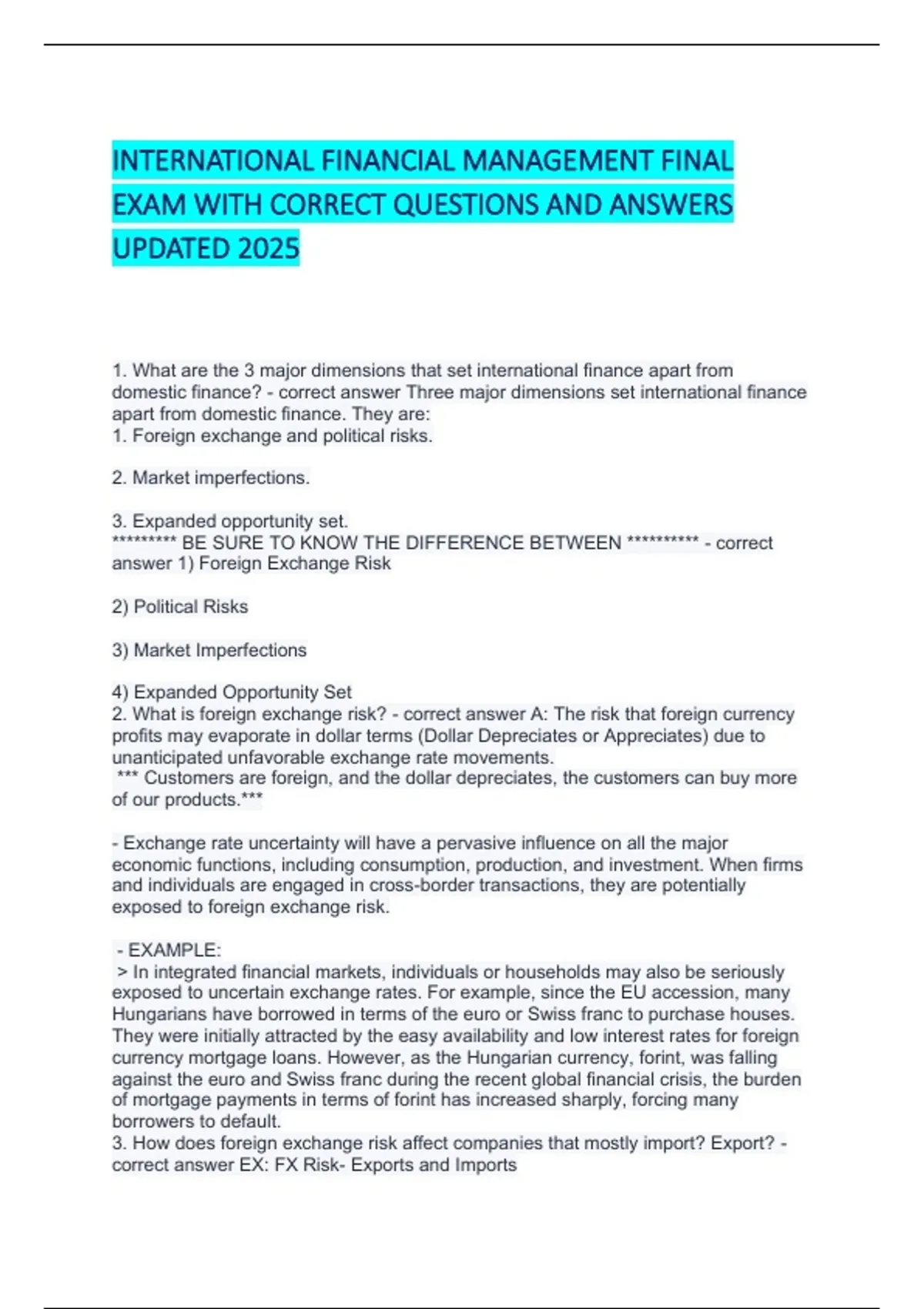 INTERNATIONAL FINANCIAL MANAGEMENT FINAL EXAM WITH CORRECT QUESTIONS ...